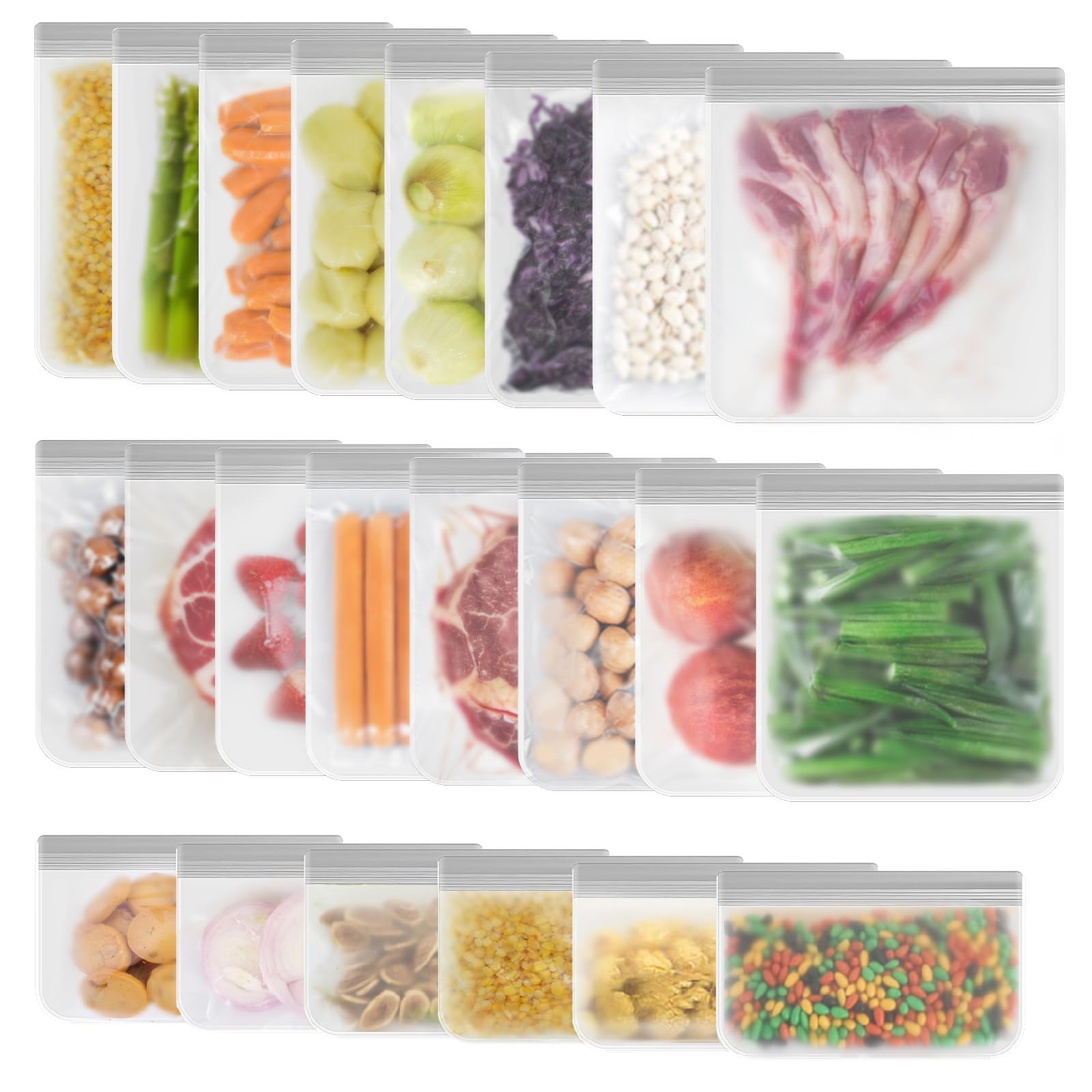 Rictine 22 Pack Reusable Gallon Freezer Bags - Dishwasher Safe, Leakproof, BPA Free Reusable Storage Bags for Lunch, Marinate Food, Travel - 8 Gallon, 8 Sandwich, 6 Snack Bags