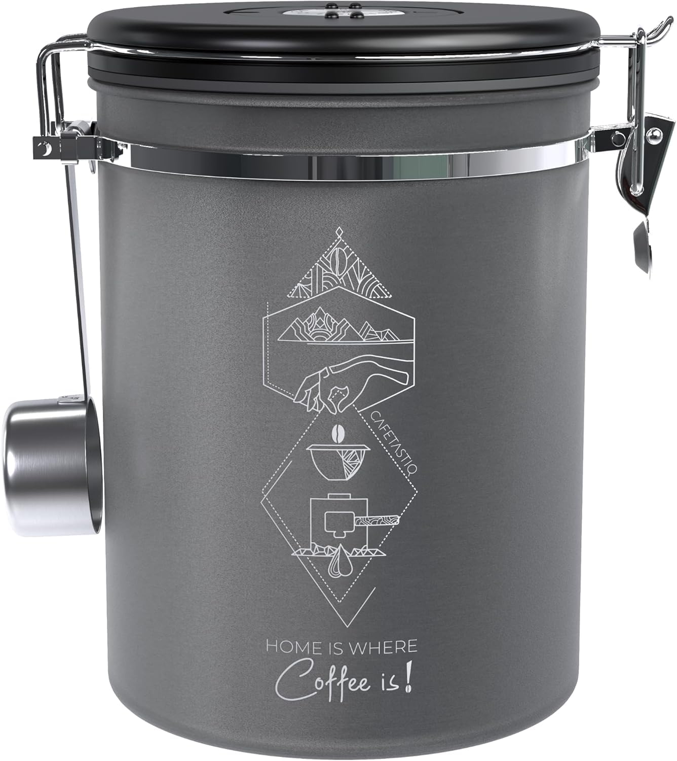 CafetastiQ 38oz / 22oz Coffee Canister – Airtight Stainless Steel Storage Container with Date Tracker & Scoop, Sealed Jar for Grounds, Beans, Tea, Flour, Cereal, and Sugar (Gray Home, 22OZ)