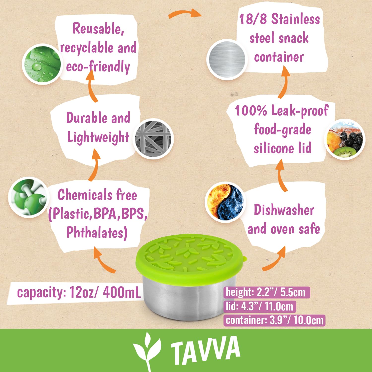 TAVVA 2 X 12 oz Stainless Steel Snack Containers with Lids - Stainless Steel Food Containers 12 oz