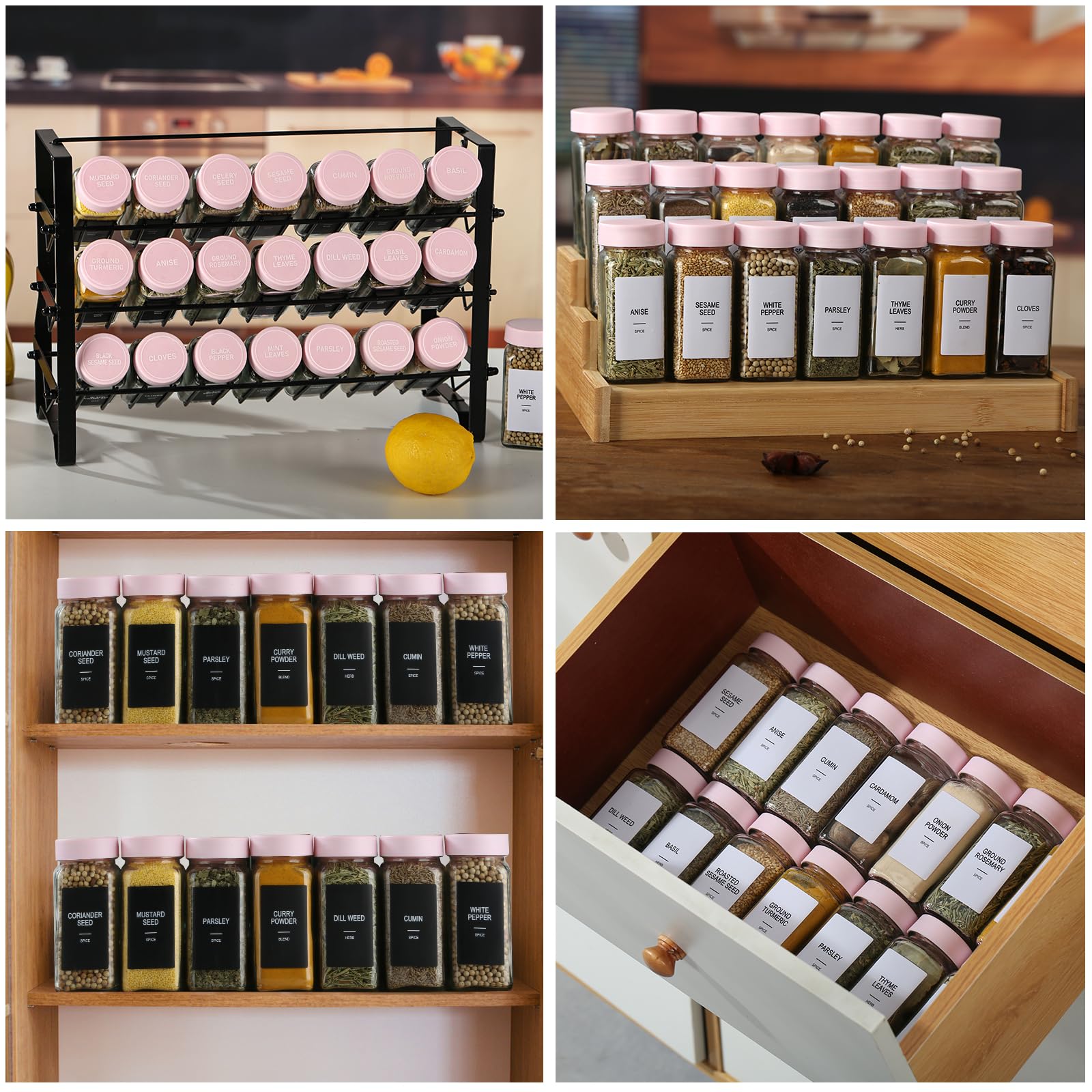 GMAMXD 24 Glass Spice Jars with Labels,Spice Jar Set,4oz Seasoning Containers,Spice Containers with Pink Airtight Lids and Shaker Lids,Square Empty Spice Bottles, 492 Labels,2 Marker Pens,1 Funnel