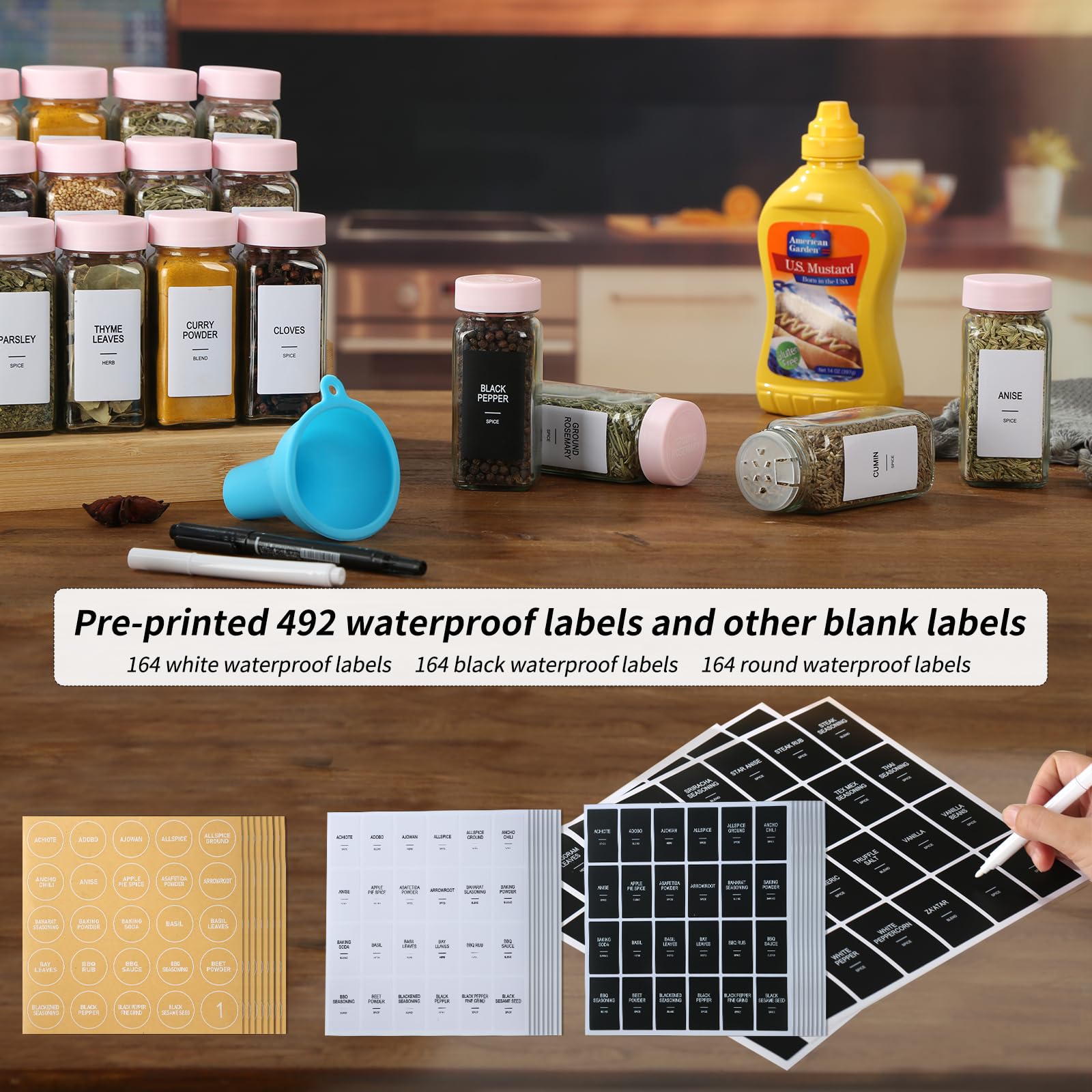 GMAMXD 24 Glass Spice Jars with Labels,Spice Jar Set,4oz Seasoning Containers,Spice Containers with Pink Airtight Lids and Shaker Lids,Square Empty Spice Bottles, 492 Labels,2 Marker Pens,1 Funnel