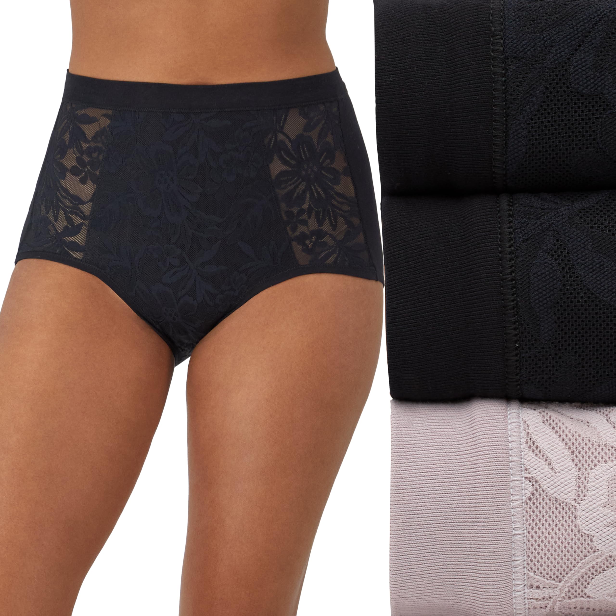 Bali Women's Breathe High-Rise Panty, Breathable Lace Modal Brief Underwear, 3-Pack, Black/Black/Gloss