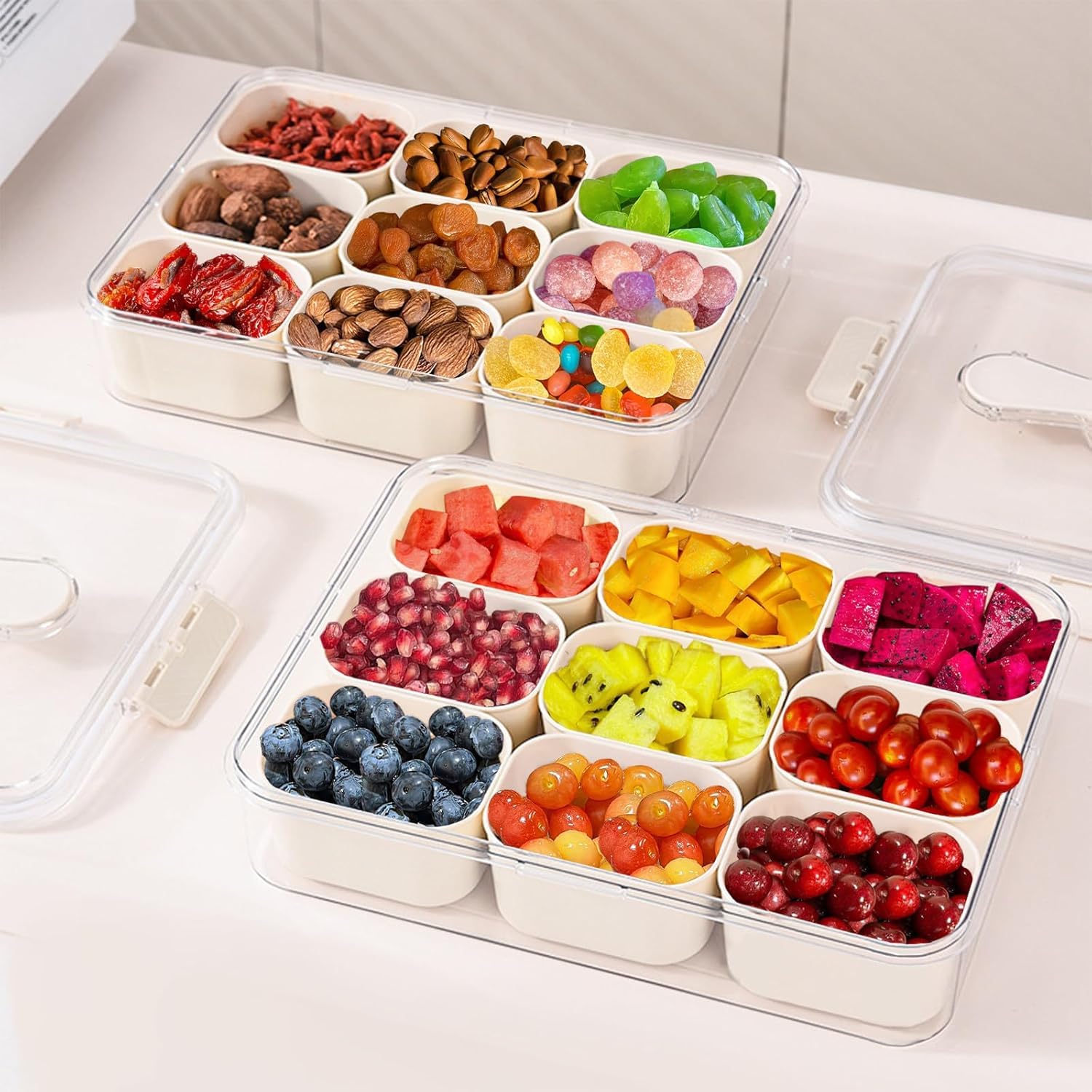HINIHAO Divided Serving Tray with Lid and Handle, Removable Divided Platter Food Storage Containers with 9 Compartment, Small Boxes for Onion, Ginger, Garlic, Cherry