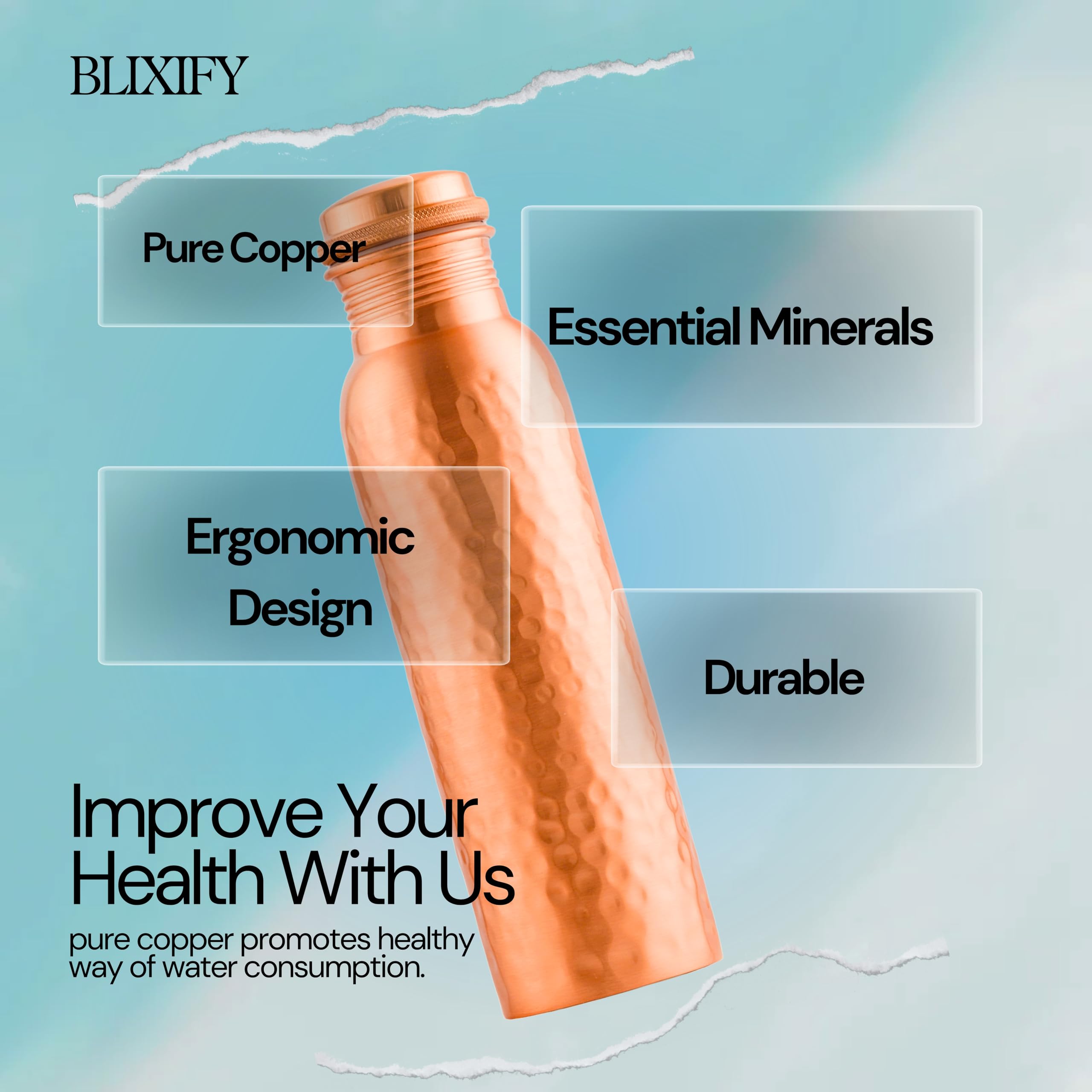 BLIXIFY Copper Water Bottle (34oz/1000ml) Handcrafted Ayurvedic 100% Pure Copper Water Bottle for Drinking | Heavy Duty, Leak-proof & Lab-Tested | Perfect for Everyday Use, Gifting, Travel