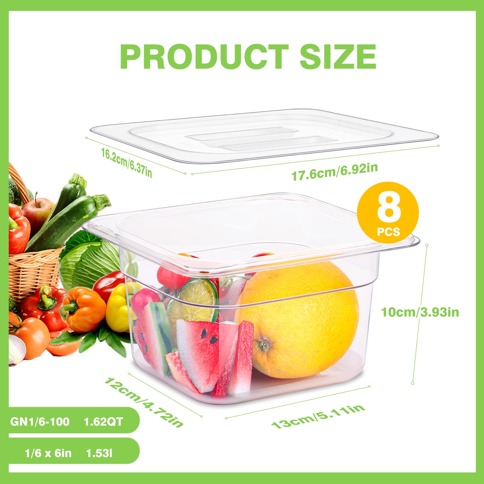 KesaPlan 8 Pack Clear Polycarbonate Food Pans, 1/6 Size 4 Inch Deep Commercial Food Storage Containers, restaurant salad bar containers with lids for Kitchen Restaurant Food Prep