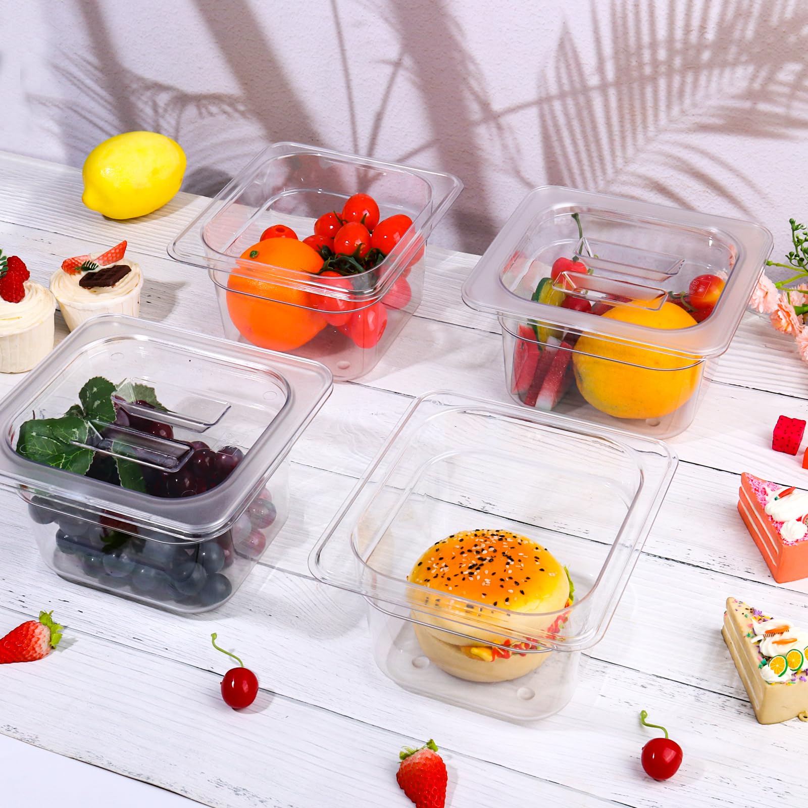 KesaPlan 8 Pack Clear Polycarbonate Food Pans, 1/6 Size 4 Inch Deep Commercial Food Storage Containers, restaurant salad bar containers with lids for Kitchen Restaurant Food Prep
