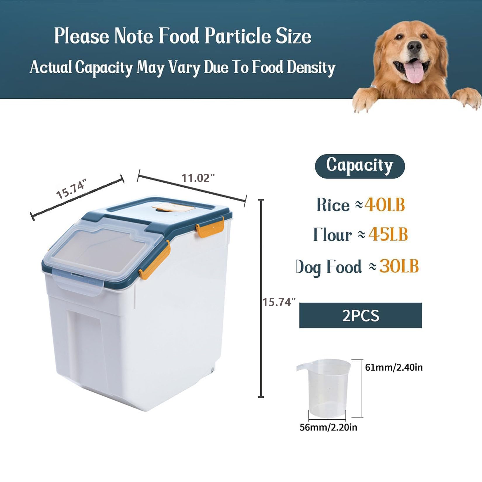 MC MEICHUANG 50 lbs Flour Storage Container, 2 Pack Rice Storage Container with Measuring Cup & Scoop, Pet Food Storage Container Dog Cat Food Bin, Blue