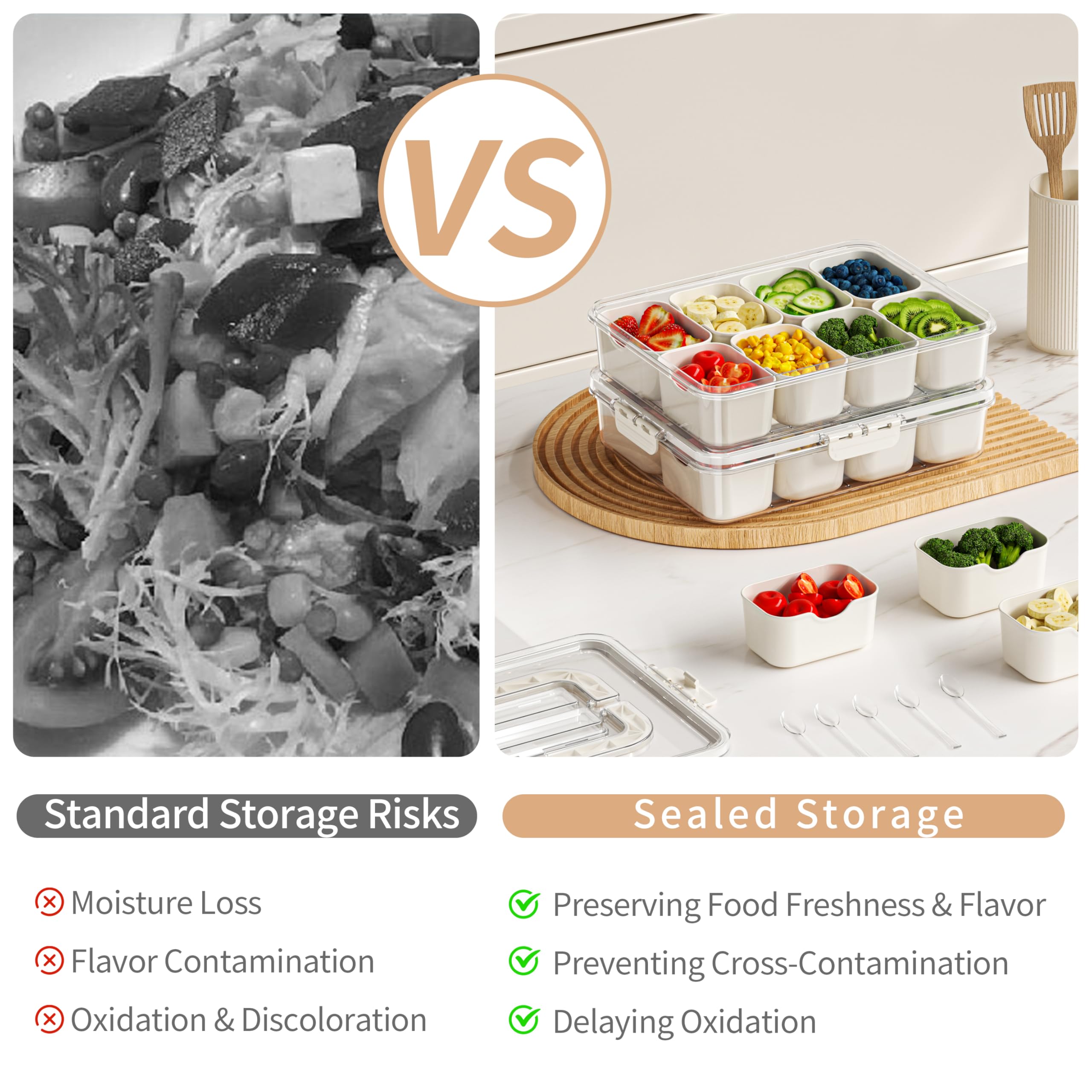 Food Classification and Preservation Box with Handle,Having Storage Space for Tableware, BPA-Free, for Keeping Meat, Vegetable, Nut and Berry (8 Compartments for Microwave and Dishwasher Safety)