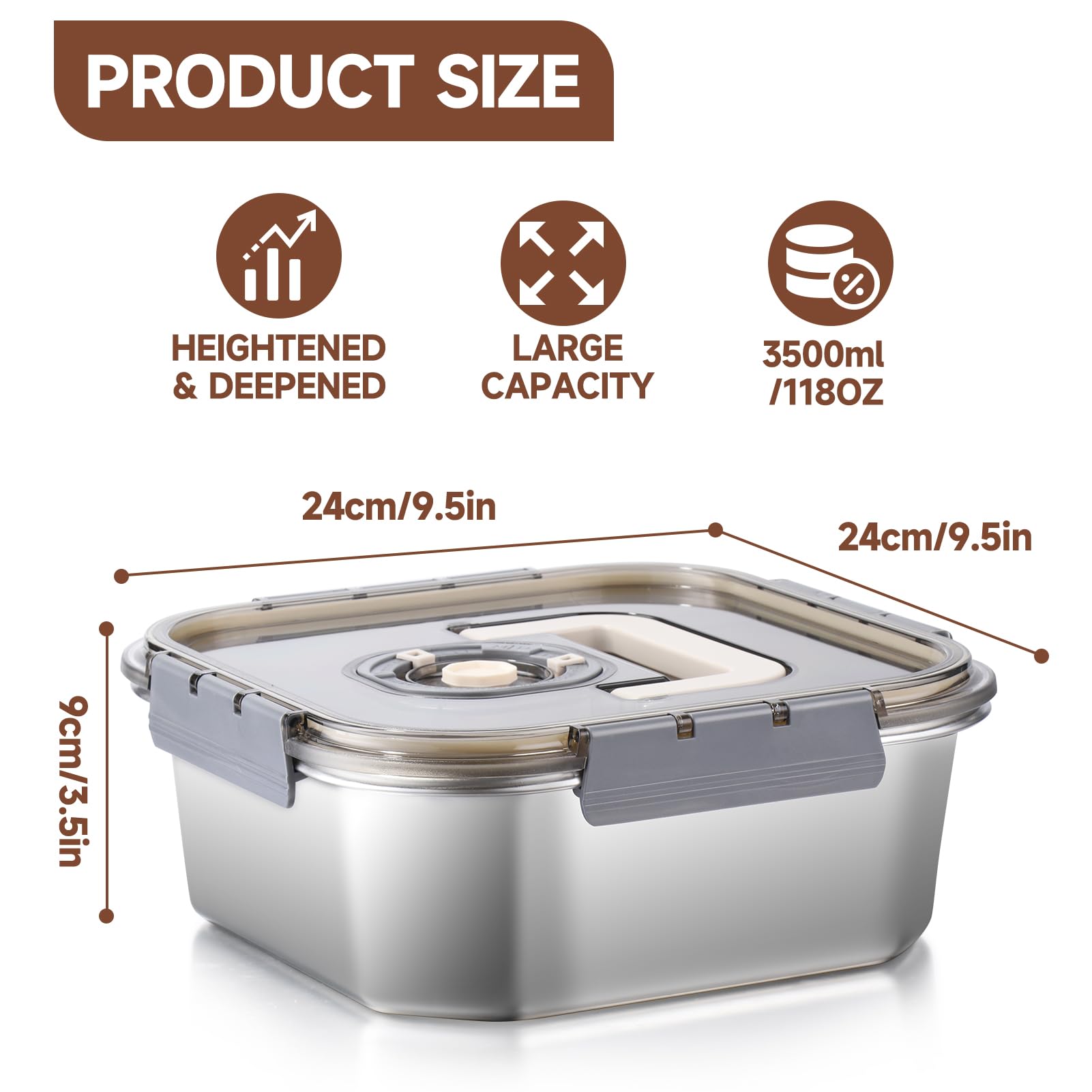 Fzaqwen Stainless Steel Food Storage Containers - 304 Square Refrigerator Organizers with Handle Airtight Lids Meal Prep Reusable Metal Pantry for Fruit Salad - Keep Fresh Save Date 118oz