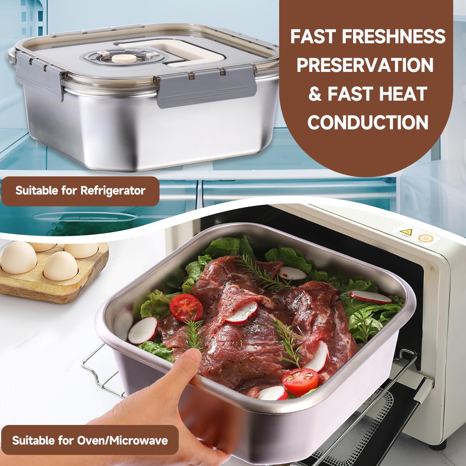 Fzaqwen Stainless Steel Food Storage Containers - 304 Square Refrigerator Organizers with Handle Airtight Lids Meal Prep Reusable Metal Pantry for Fruit Salad - Keep Fresh Save Date 118oz