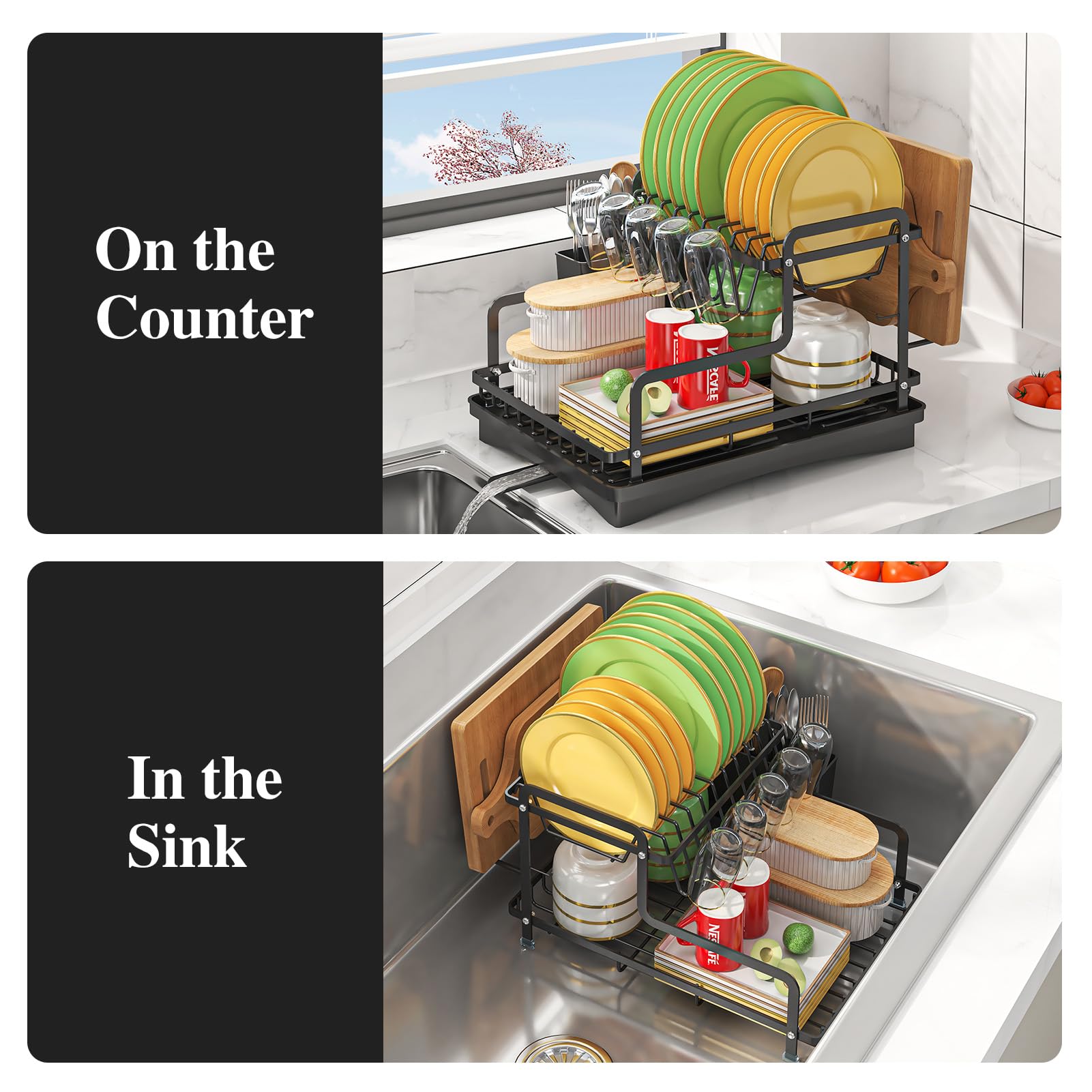 Famhap Dish Drying Rack, Large 2 Tier Dish Racks for Kitchen Counter, Durable Stainless Steel Kitchen Drying Rack with a Cutlery Holder, Drying Rack for Dishes, Knives, Spoons, and Forks