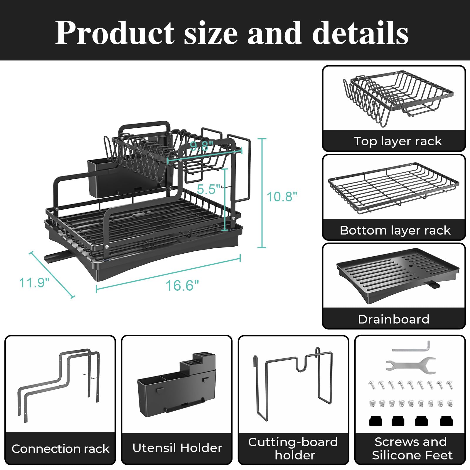 Famhap Dish Drying Rack, Large 2 Tier Dish Racks for Kitchen Counter, Durable Stainless Steel Kitchen Drying Rack with a Cutlery Holder, Drying Rack for Dishes, Knives, Spoons, and Forks
