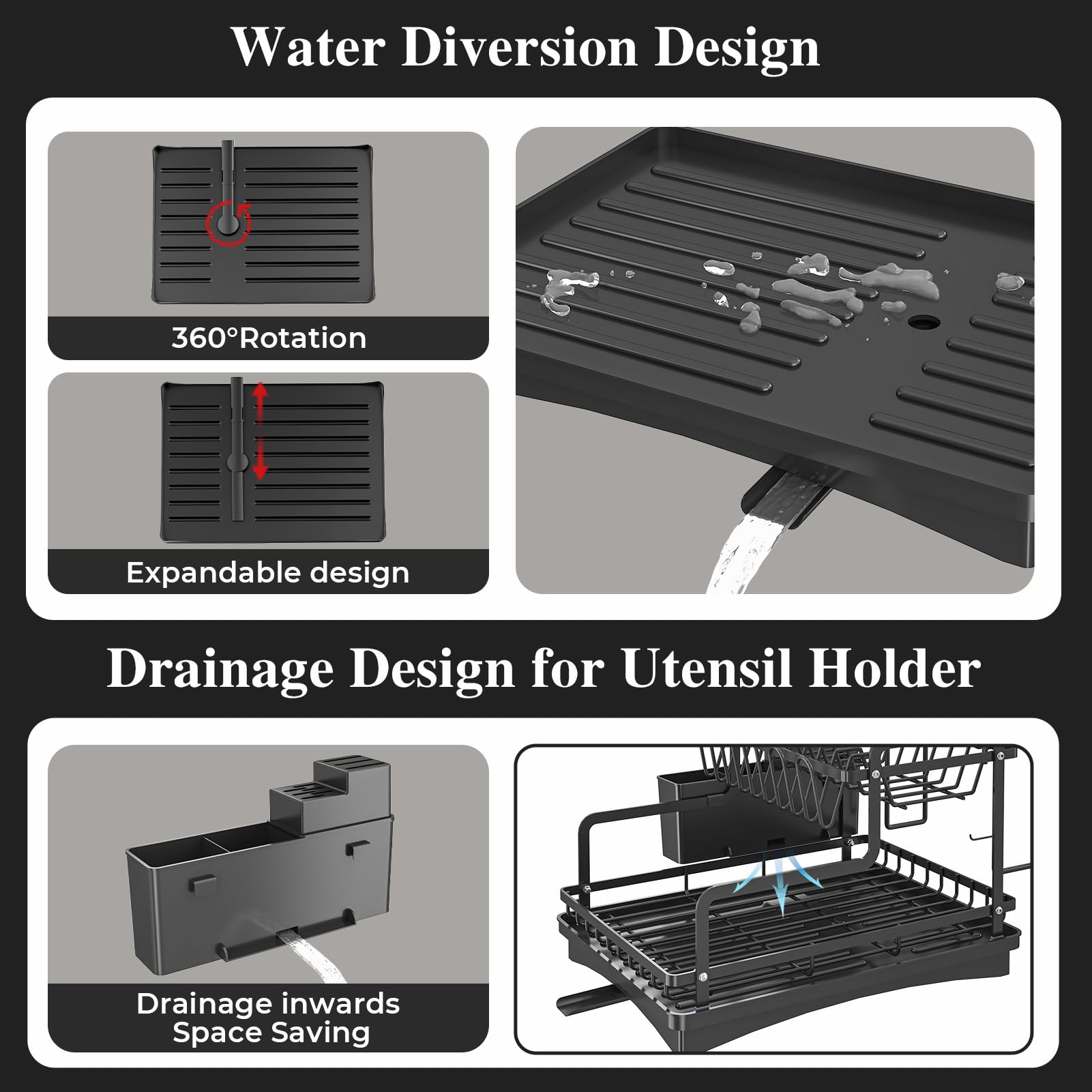 Famhap Dish Drying Rack, Large 2 Tier Dish Racks for Kitchen Counter, Durable Stainless Steel Kitchen Drying Rack with a Cutlery Holder, Drying Rack for Dishes, Knives, Spoons, and Forks