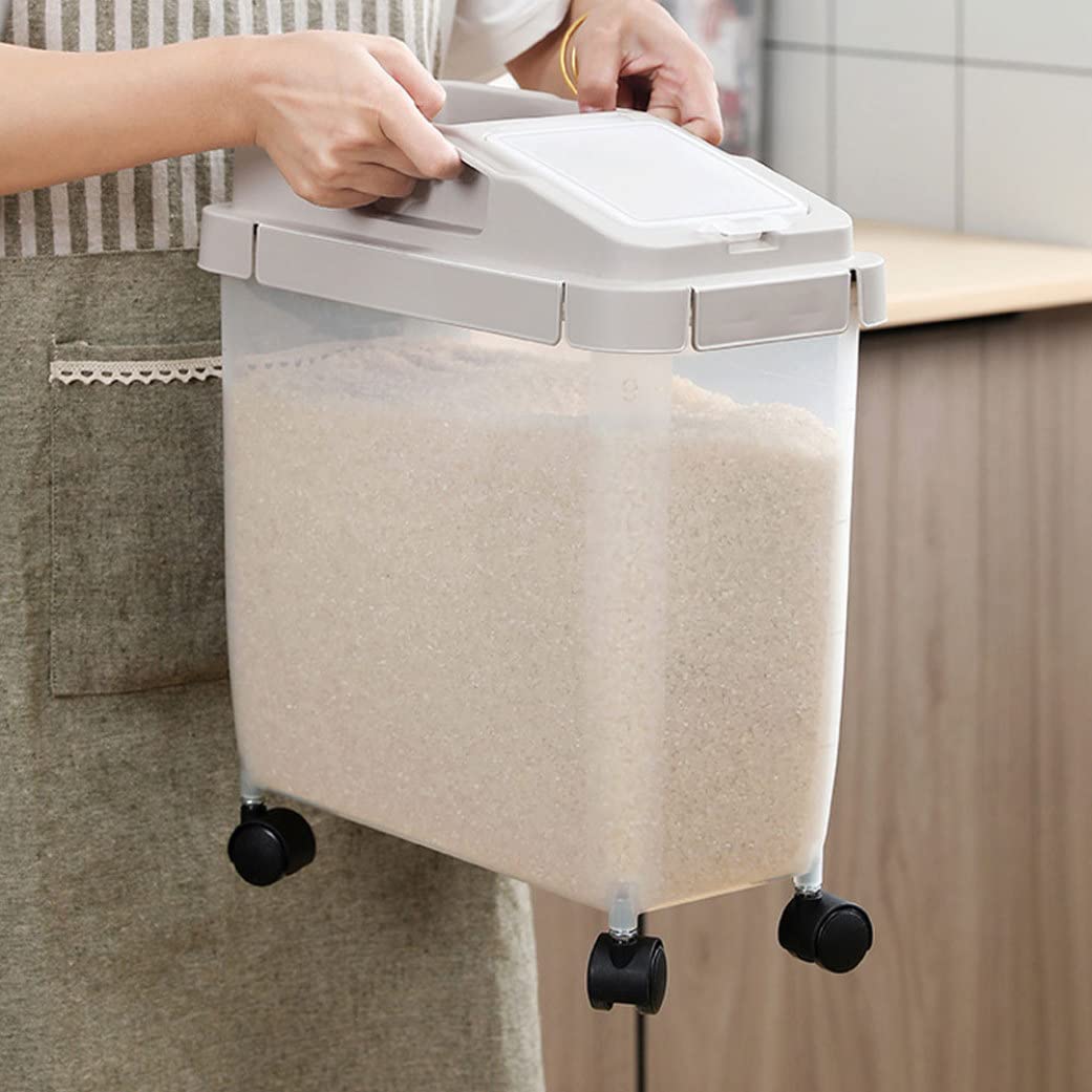 Ingredient Storage Bin Container 10kg Rice Dry Food Sealed on Wheels with Lid Measuring Cup Coffee.