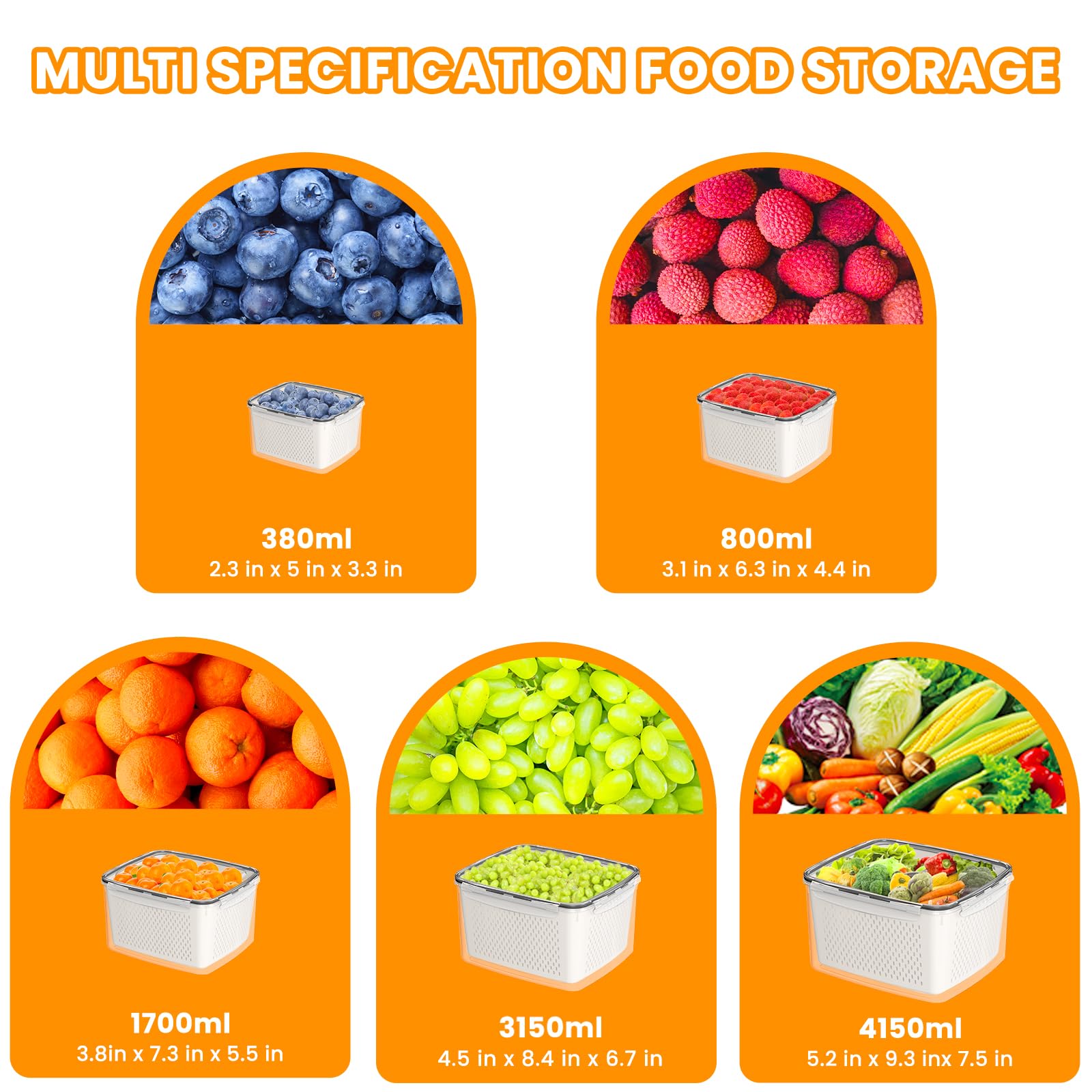Yunaeduo Fruit Storage Containers for Fridge - 5PCS Food Storage Containers with Lids - Produce Containers for Fridge with Removable Colander - Keep Berry Fruit Vegetable Food Meat Fresh Longer