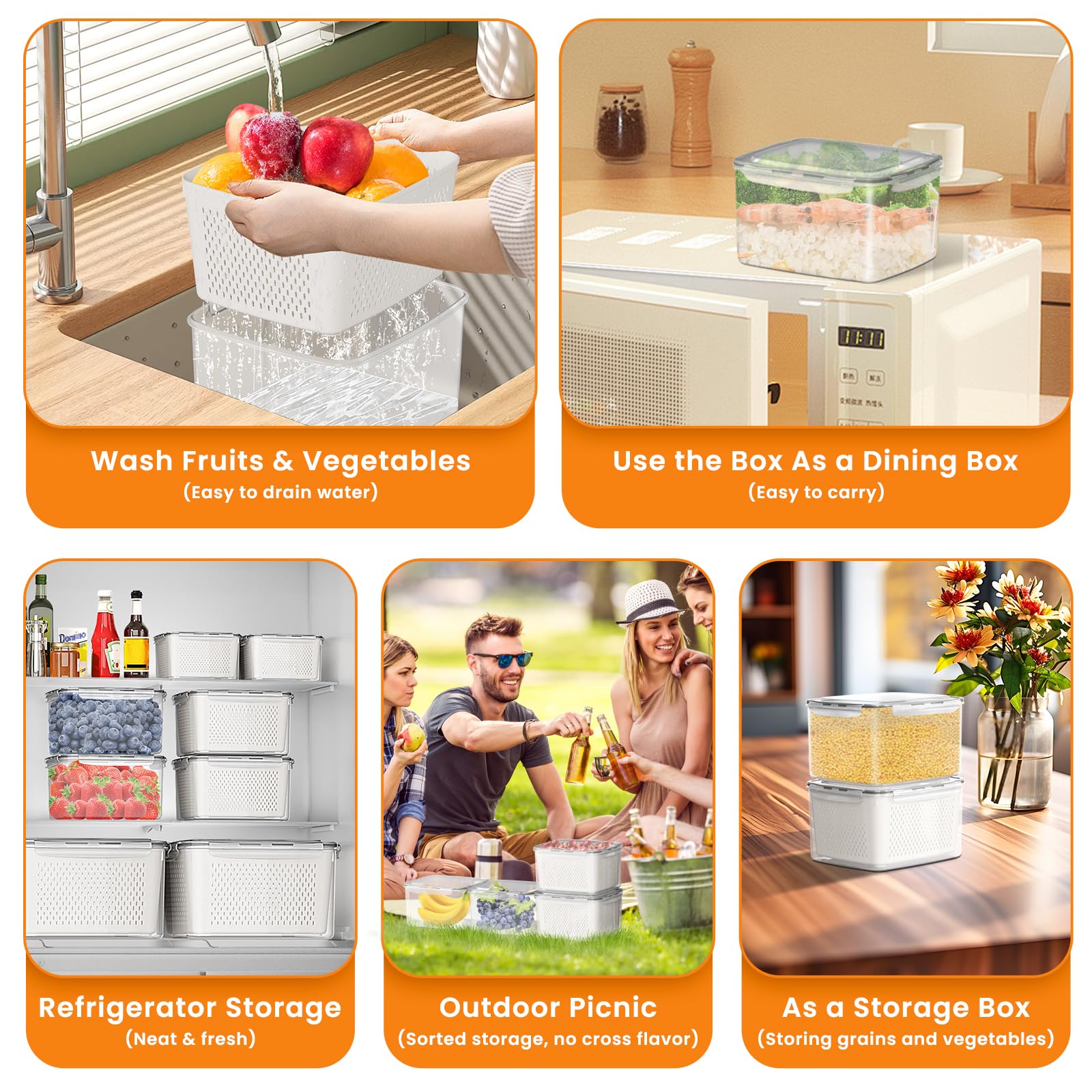 Yunaeduo Fruit Storage Containers for Fridge - 5PCS Food Storage Containers with Lids - Produce Containers for Fridge with Removable Colander - Keep Berry Fruit Vegetable Food Meat Fresh Longer