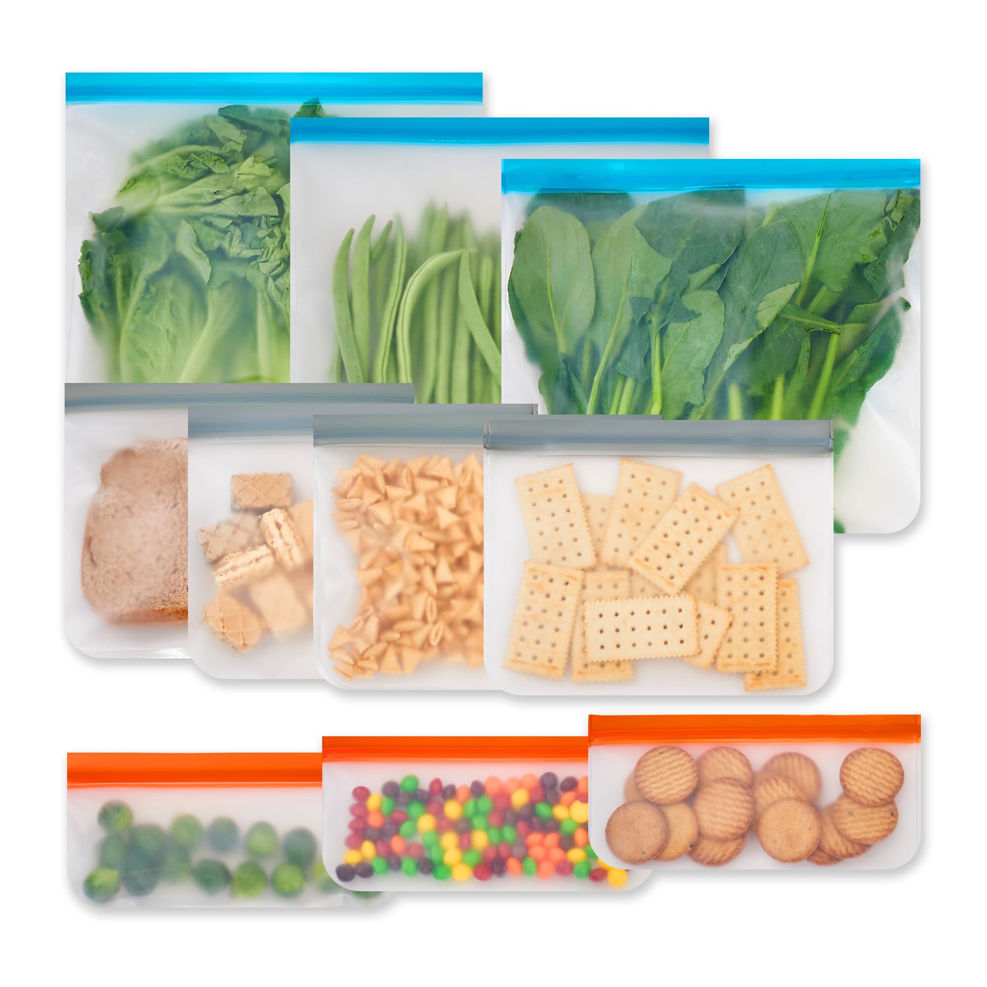 Leetaltree Reusable Food Storage Bags, 10 Pack Dishwasher Freezer Safe PEVA Bags, Leak Proof & Airtight Reusable Freezer Bags for Food Storage and Home Organization