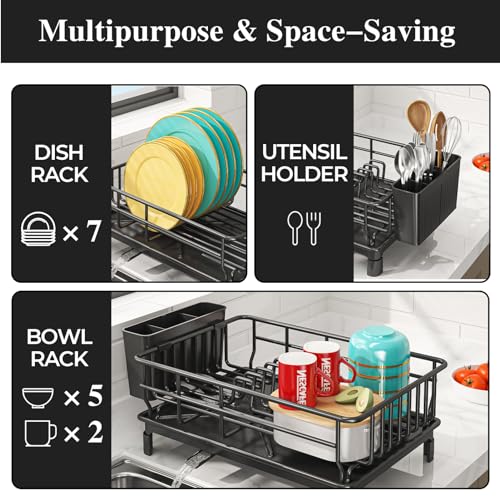 Famhap Small Dish Drying Rack, Dish Rack with Drainboard Dish Drainers for Kitchen Counter Sink Adjustable Spout, in Sink Dish Strainers with Utensil Holder and Knife Slots, Black