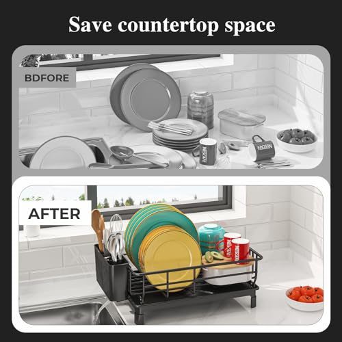 Famhap Small Dish Drying Rack, Dish Rack with Drainboard Dish Drainers for Kitchen Counter Sink Adjustable Spout, in Sink Dish Strainers with Utensil Holder and Knife Slots, Black