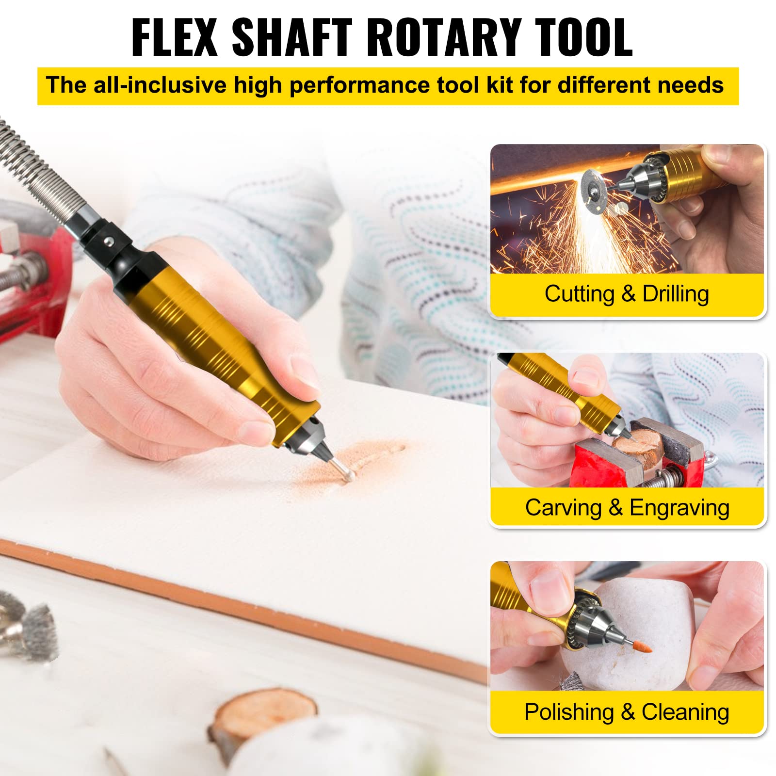 VEVOR Flex Shaft Grinder 560W Rotary Tool with 1/4" 3-Jaw Chuck & Stepless Speed Foot Pedal Rotary Carver 500-25000RPM Hanging Grinding Machine 131PCS for Carving, Buffing,Drilling,Polishing