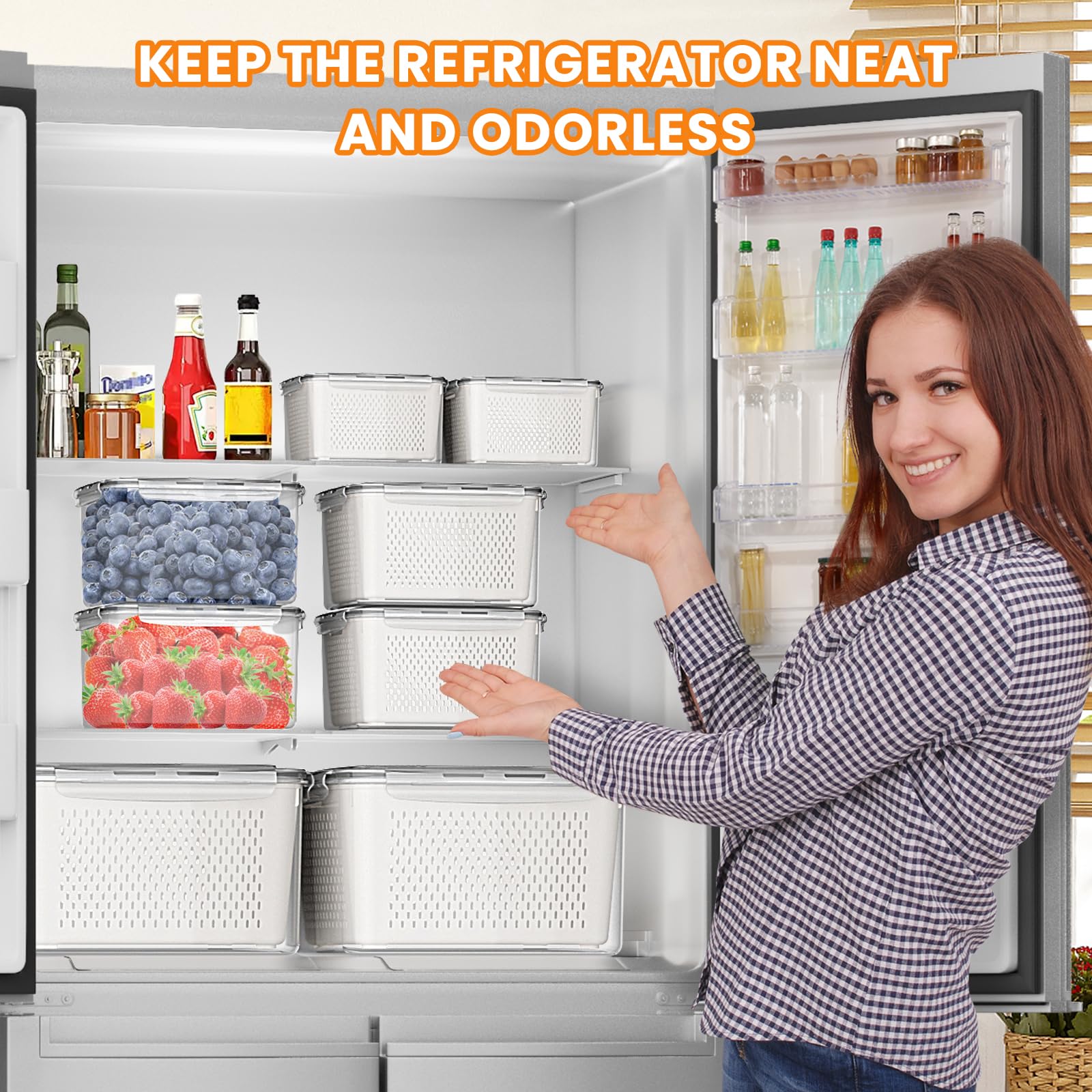 Fruit Storage Containers for Fridge - 4 PCS Poduce Containers for Fridge - Berry Containers for Fridge with Removable Drain Basket - Keep Fruit Lettuce Berry Vegetables Meat Food Stay Fresher Longer