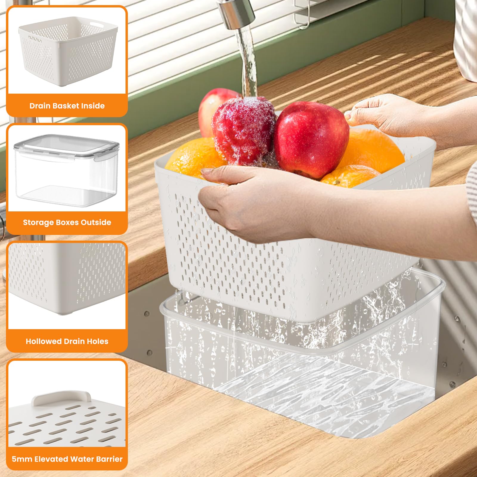Fruit Storage Containers for Fridge - 4 PCS Poduce Containers for Fridge - Berry Containers for Fridge with Removable Drain Basket - Keep Fruit Lettuce Berry Vegetables Meat Food Stay Fresher Longer