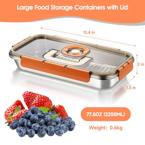 Gitohoni 304 Stainless Steel Food Storage Container - Airtight Fresh Keeper Metal Food Storage Box with Lid and Handle Reusable Meal Prep Container for Salad, Fruit 77.5 OZ