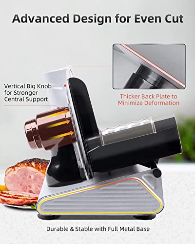Electric Meat Slicer Machine for Home Use, Adortec Electric Bread Slicer with Extra Smooth Blade & 2 Pushers, Stepless Adjustment Dial, Quick Release Food Carriage-SILVER