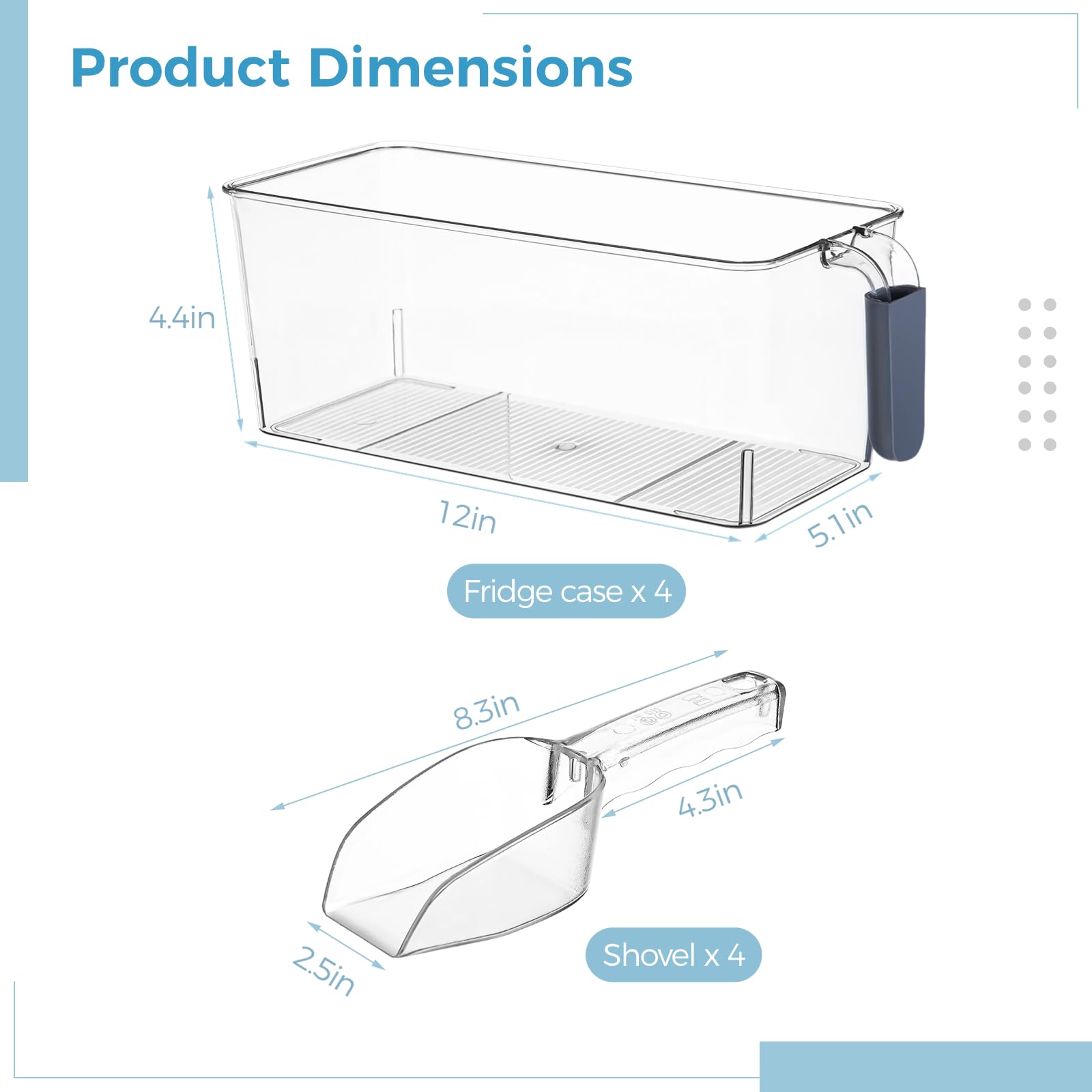 4 Set Clear Storage Bins with Scoops Stackable, Acrylic Freezer Ice Buckets with Scoops for Parties, Plastic Pantry Organizer Bins Food Storage Bins with Handle for Fridge, 4.4 Liter