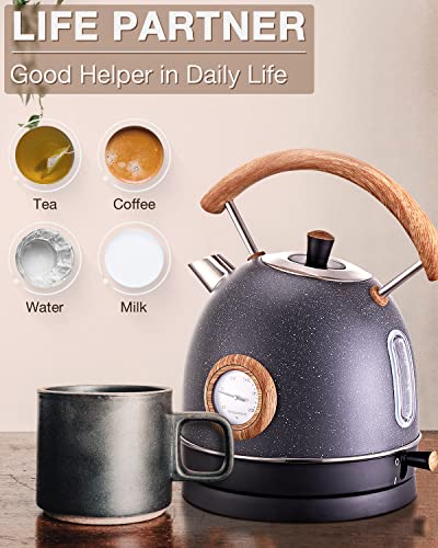 Electric Kettle - 1.7L Retro Tea Kettles for Boiling Water, Nature Stone Finish SMOLON Hot Water Boiler Teapot with Wood Pattern Handle, Food Grade Stainless Steel, Temperature Control, Auto Shut-off