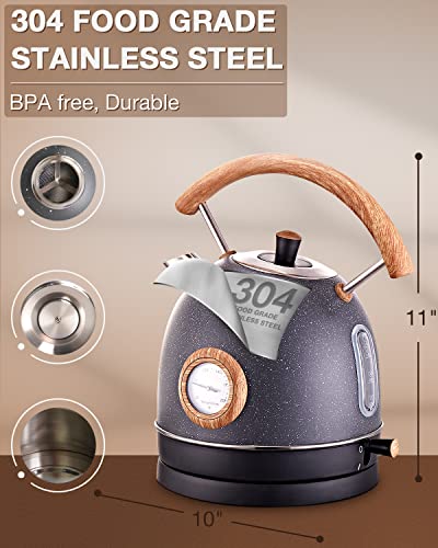 Electric Kettle - 1.7L Retro Tea Kettles for Boiling Water, Nature Stone Finish SMOLON Hot Water Boiler Teapot with Wood Pattern Handle, Food Grade Stainless Steel, Temperature Control, Auto Shut-off