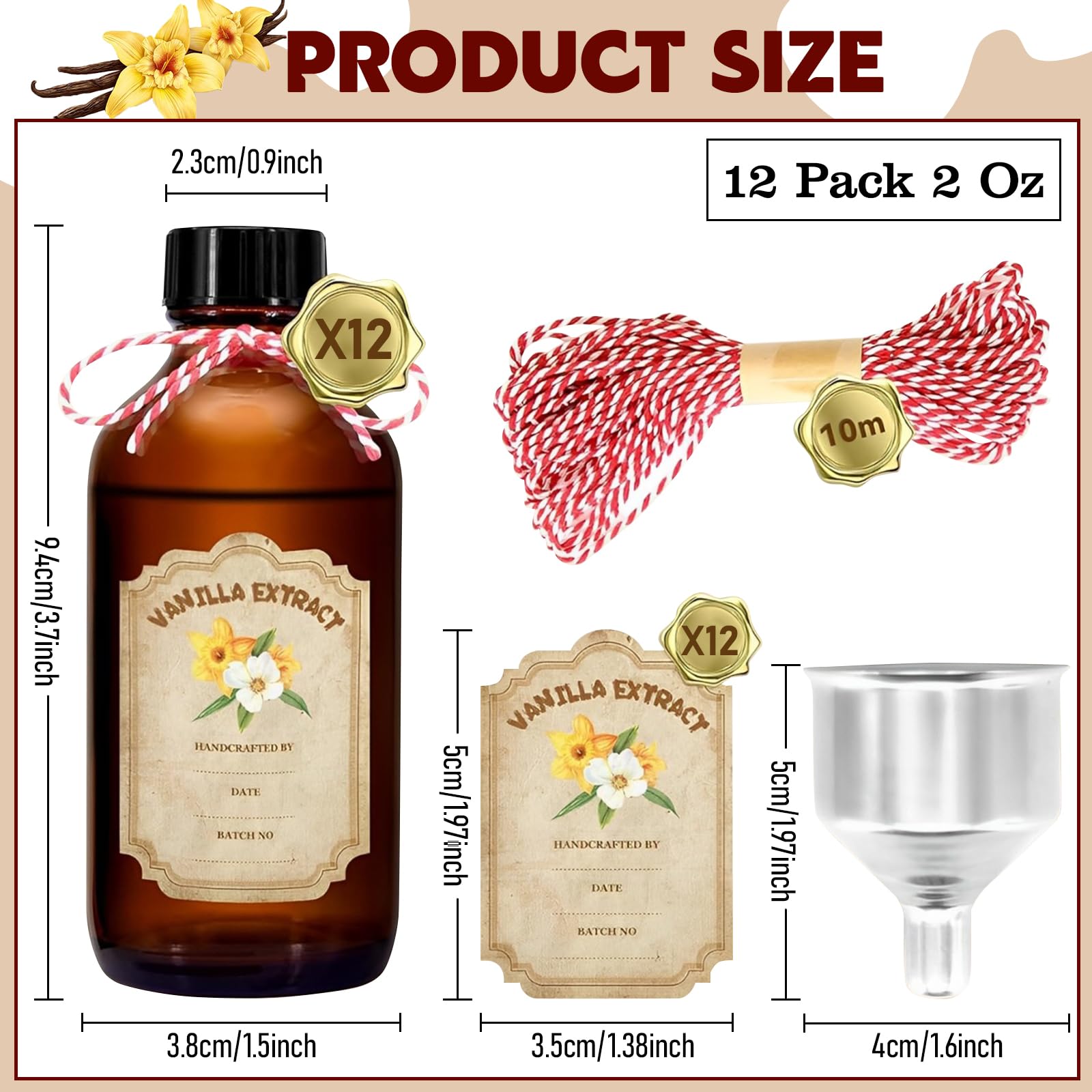 12 Pack 2 Ounce Amber Glass Bottle with Lids Vanilla Extract Homemade Brown Bottle 2 oz and 12Pcs Vanilla Extract Stickers for Syrup Gift Glass