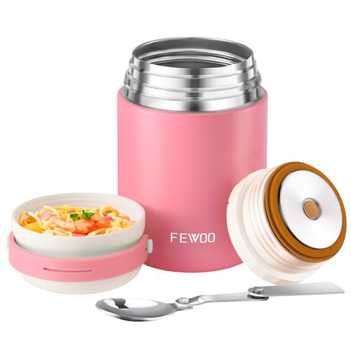 FEWOO Food Jar, 20oz Insulated Lunch Soup Container for Hot Cold Food for Kids Adults, Leak Proof Vacuum Stainless Steel Lunch Box with Folding Spoon for School Travel Outdoors (Pink)