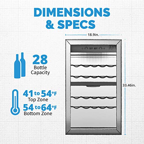 NewAir Wine Cooler and Refrigerator | 28 Bottle Capacity | Freestanding/Built-in Countertop Wine Cellar in Stainless Steel with UV Protected Glass Door NWC028SS01