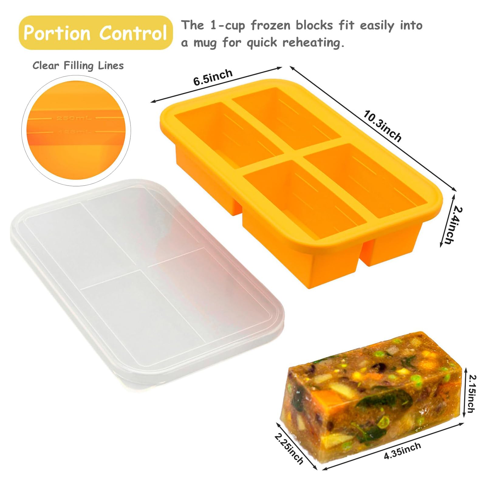 2 Pack Silicone Freezing Tray with Lid Makes 4 Perfect 1-Cup Portions, Easy-Release Silicone Freezer Tray, Food Freezer Mold, Freeze and Store Soup, Broth, Sauce, Leftovers Container, Soup Mold