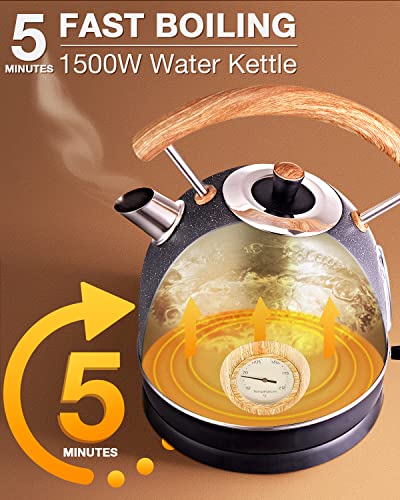 Electric Kettle - 1.7L Retro Tea Kettles for Boiling Water, Nature Stone Finish SMOLON Hot Water Boiler Teapot with Wood Pattern Handle, Food Grade Stainless Steel, Temperature Control, Auto Shut-off