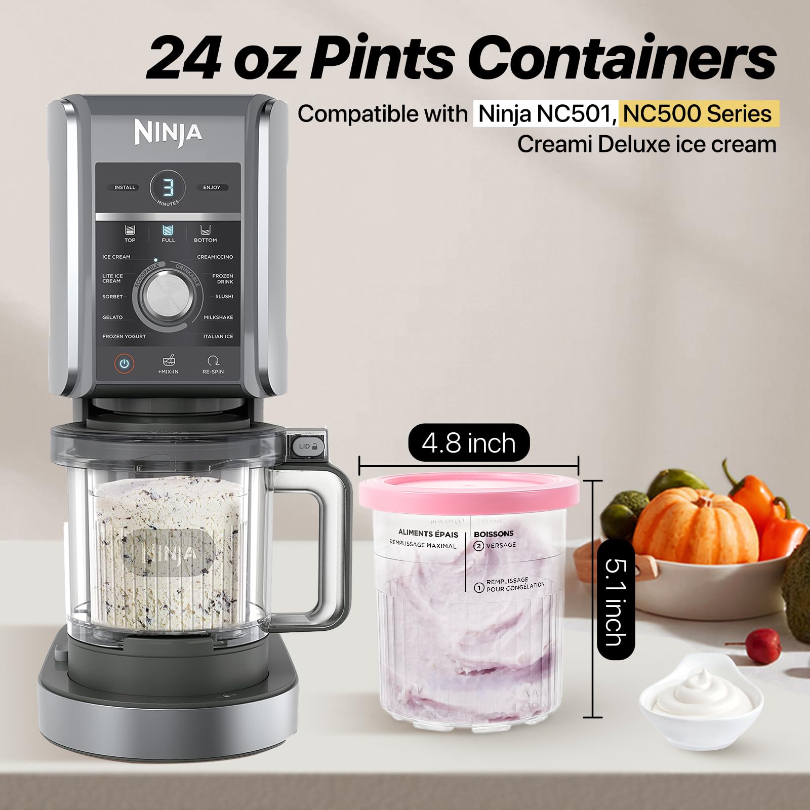 YUTENG 24 oz. Extra Pint | Containers Replacement for Ninja Creami Deluxe 11-in-1 XL Pints and Lids - 4 Pack, Compatible with Ninja Creami NC500, NC501 Series Ice Cream Maker, Dishwasher Safe