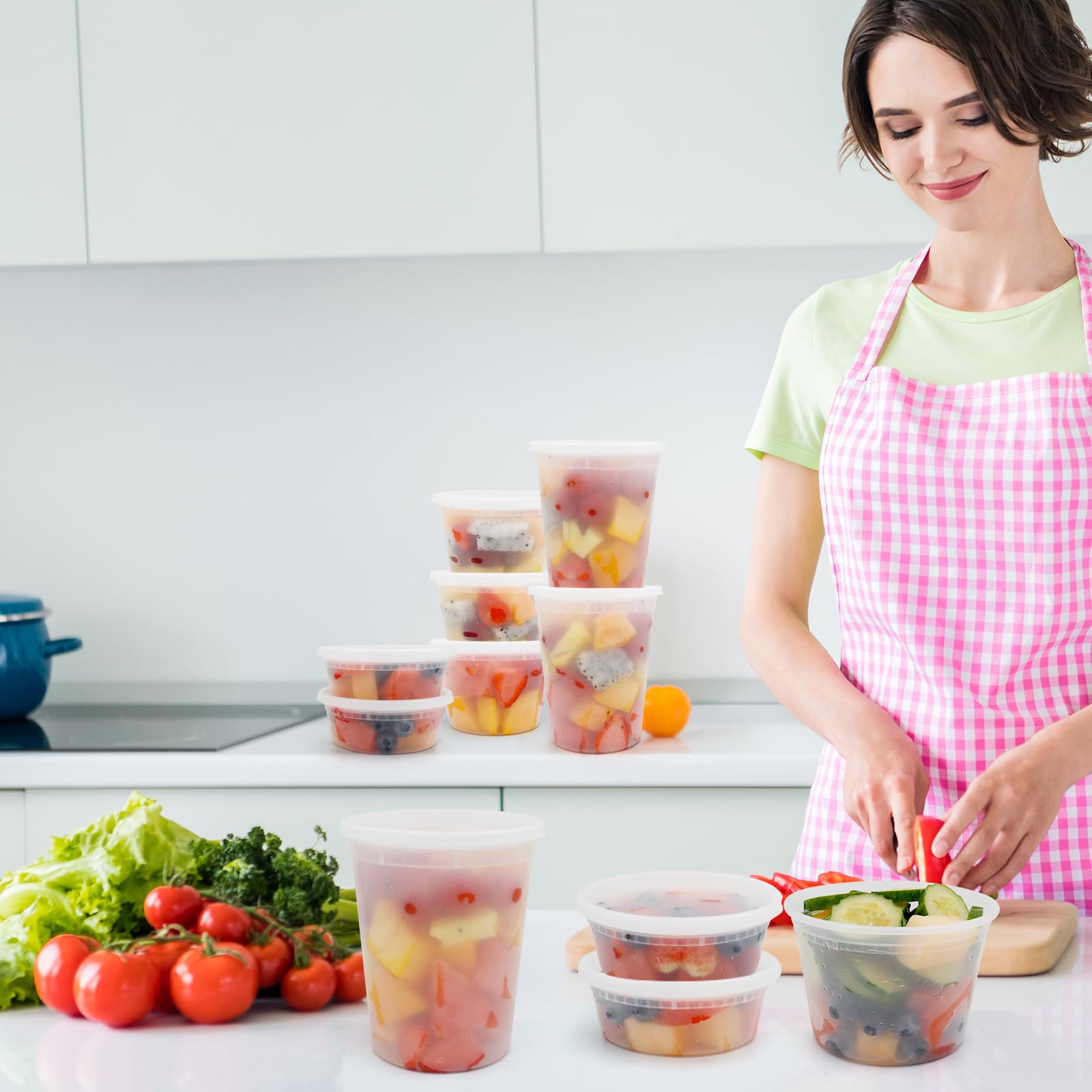 WGCC Deli Containers with Lids 48 Sets- Disposable Soup Containers with Lids 8oz, 16oz, 32oz - Plastic Containers with Lids, Food Containers with Leakproof, BPA Free/Microwave/Freezer/Dishwasher Safe