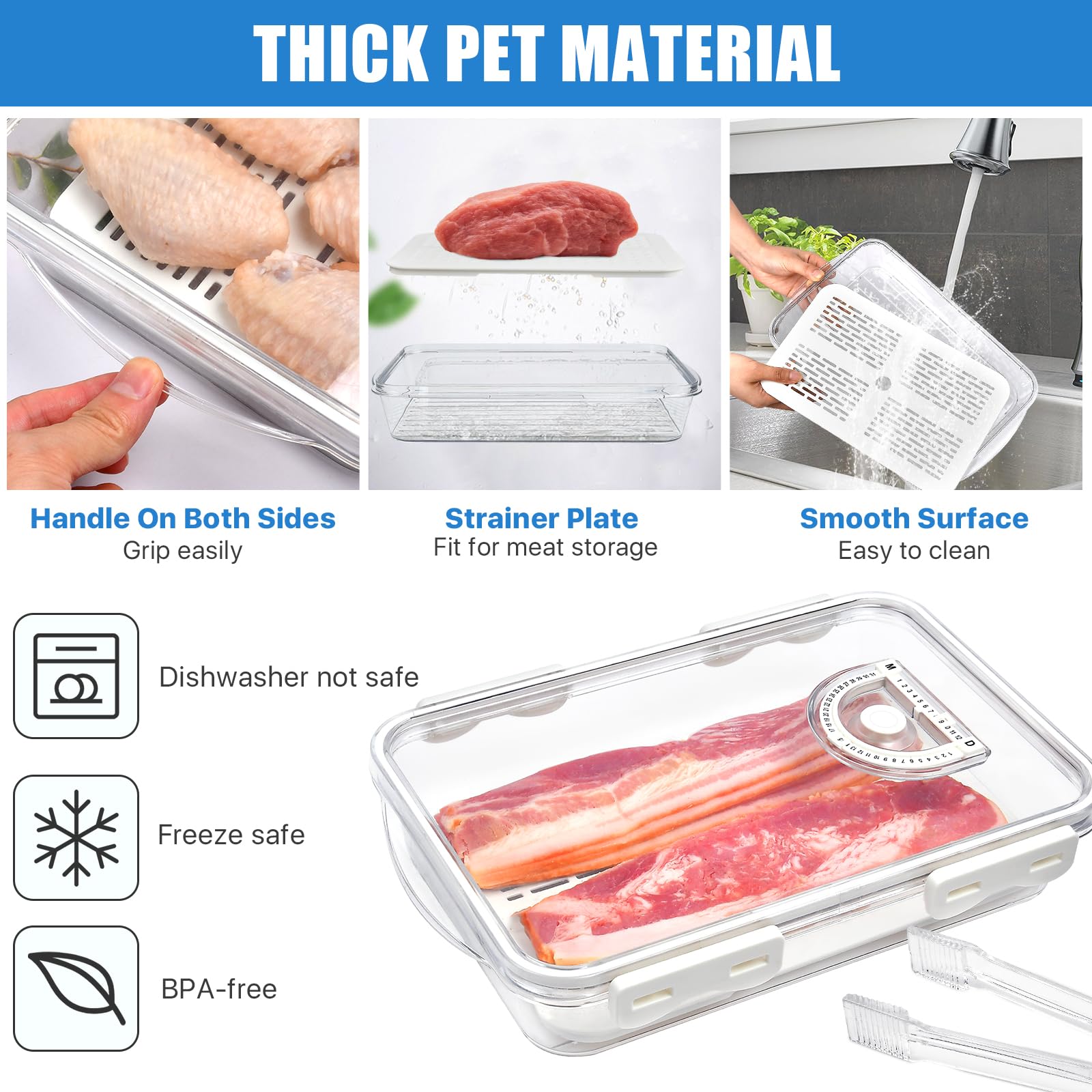 SULICRE 2PCS Bacon Container for Refrigerator, Airtight Thick Plastic Deli Meat Keeper with Lids for Fridge, Kitchen Cold Cuts Food Storage Organizer, Bacon Holder Cheese Saver