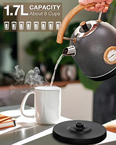 Electric Kettle - 1.7L Retro Tea Kettles for Boiling Water, Nature Stone Finish SMOLON Hot Water Boiler Teapot with Wood Pattern Handle, Food Grade Stainless Steel, Temperature Control, Auto Shut-off