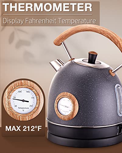 Electric Kettle - 1.7L Retro Tea Kettles for Boiling Water, Nature Stone Finish SMOLON Hot Water Boiler Teapot with Wood Pattern Handle, Food Grade Stainless Steel, Temperature Control, Auto Shut-off