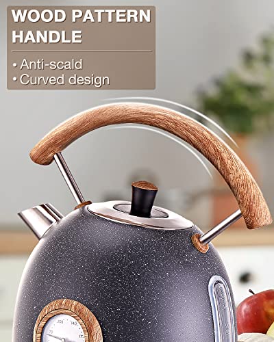 Electric Kettle - 1.7L Retro Tea Kettles for Boiling Water, Nature Stone Finish SMOLON Hot Water Boiler Teapot with Wood Pattern Handle, Food Grade Stainless Steel, Temperature Control, Auto Shut-off