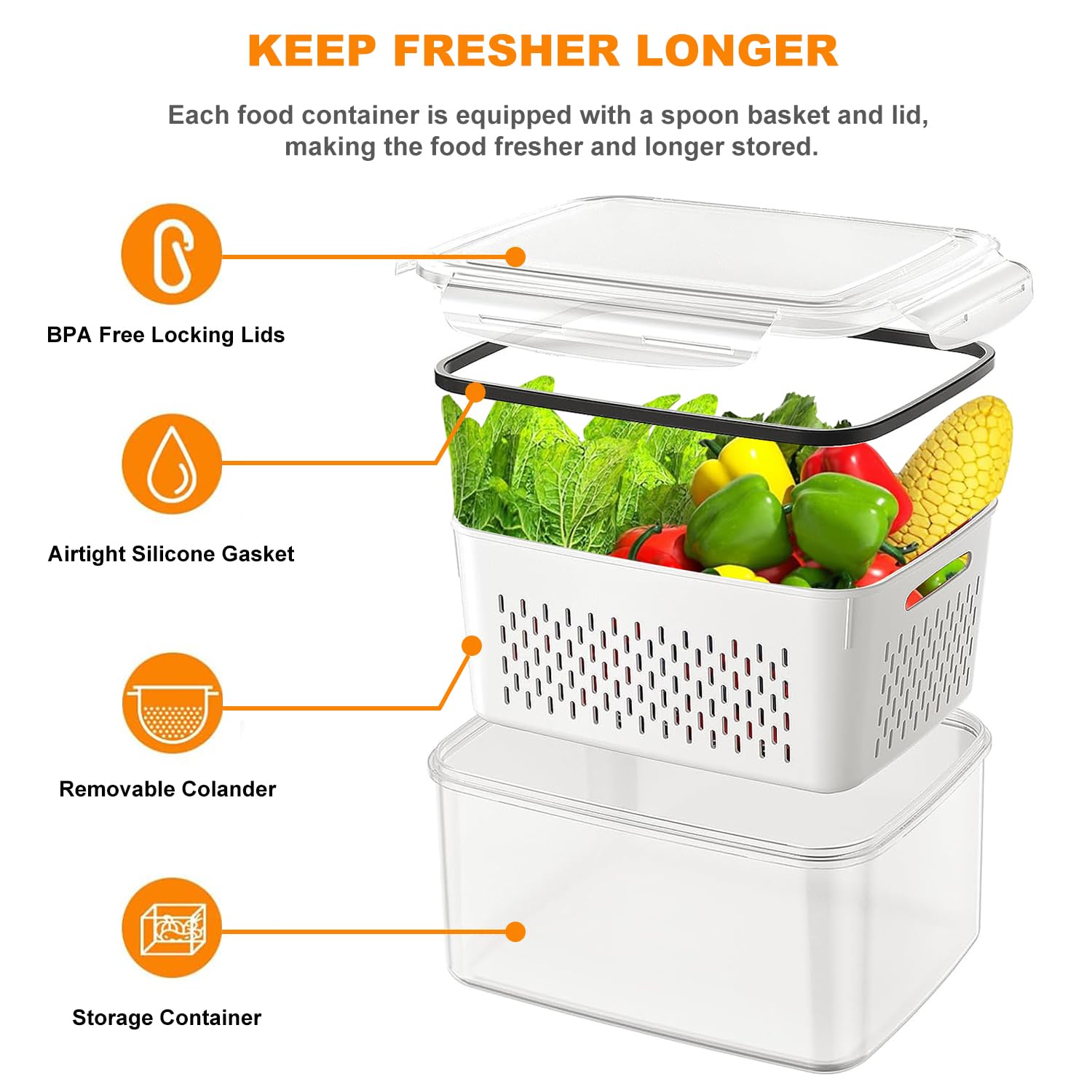 YIENOGO 4 Size Fruit Vegetable Storage Containers for Fridge with Colander and Lid Refrigerator Storage Containers Bins Organizer for Fruit Food Produce, White, YI-01F04