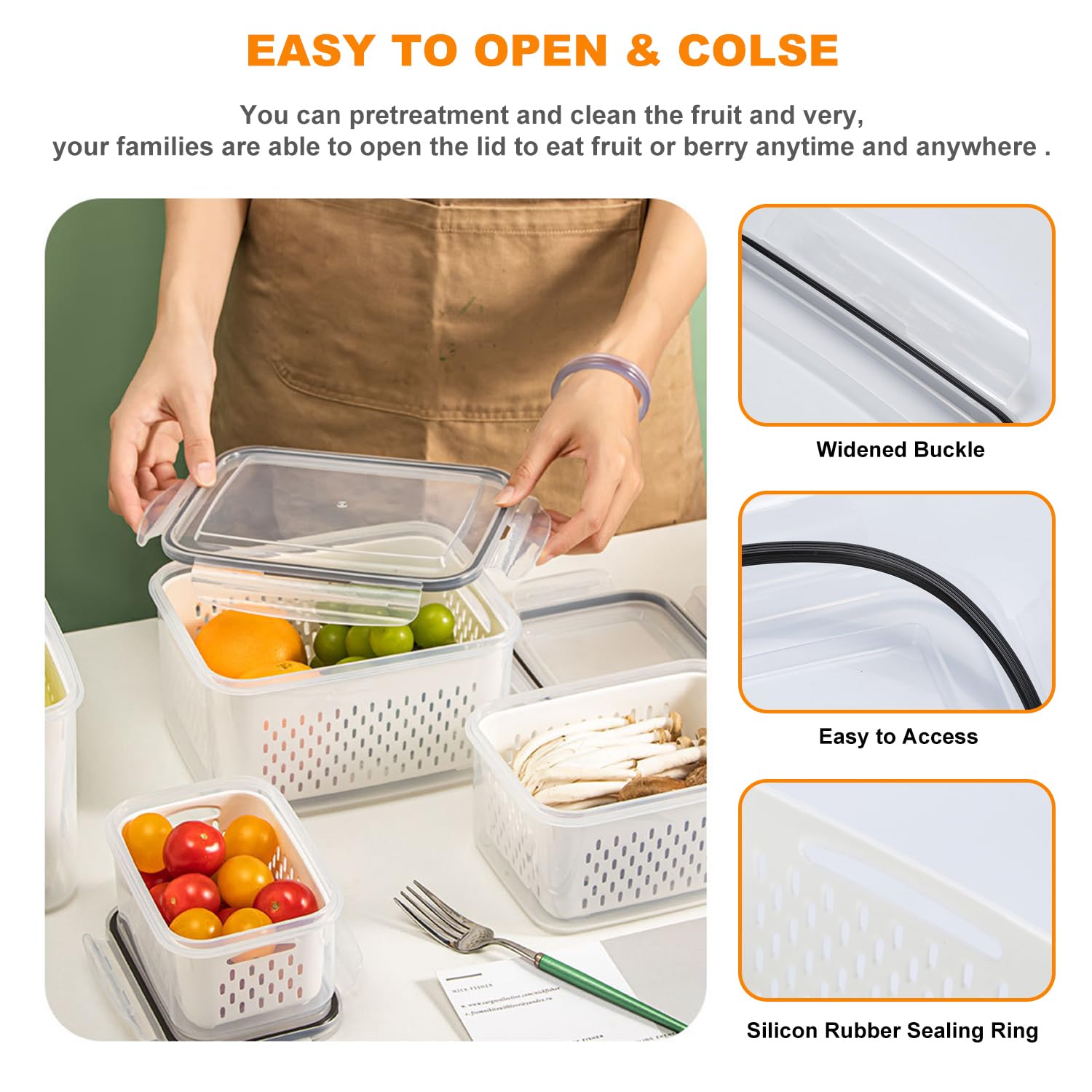YIENOGO 4 Size Fruit Vegetable Storage Containers for Fridge with Colander and Lid Refrigerator Storage Containers Bins Organizer for Fruit Food Produce, White, YI-01F04