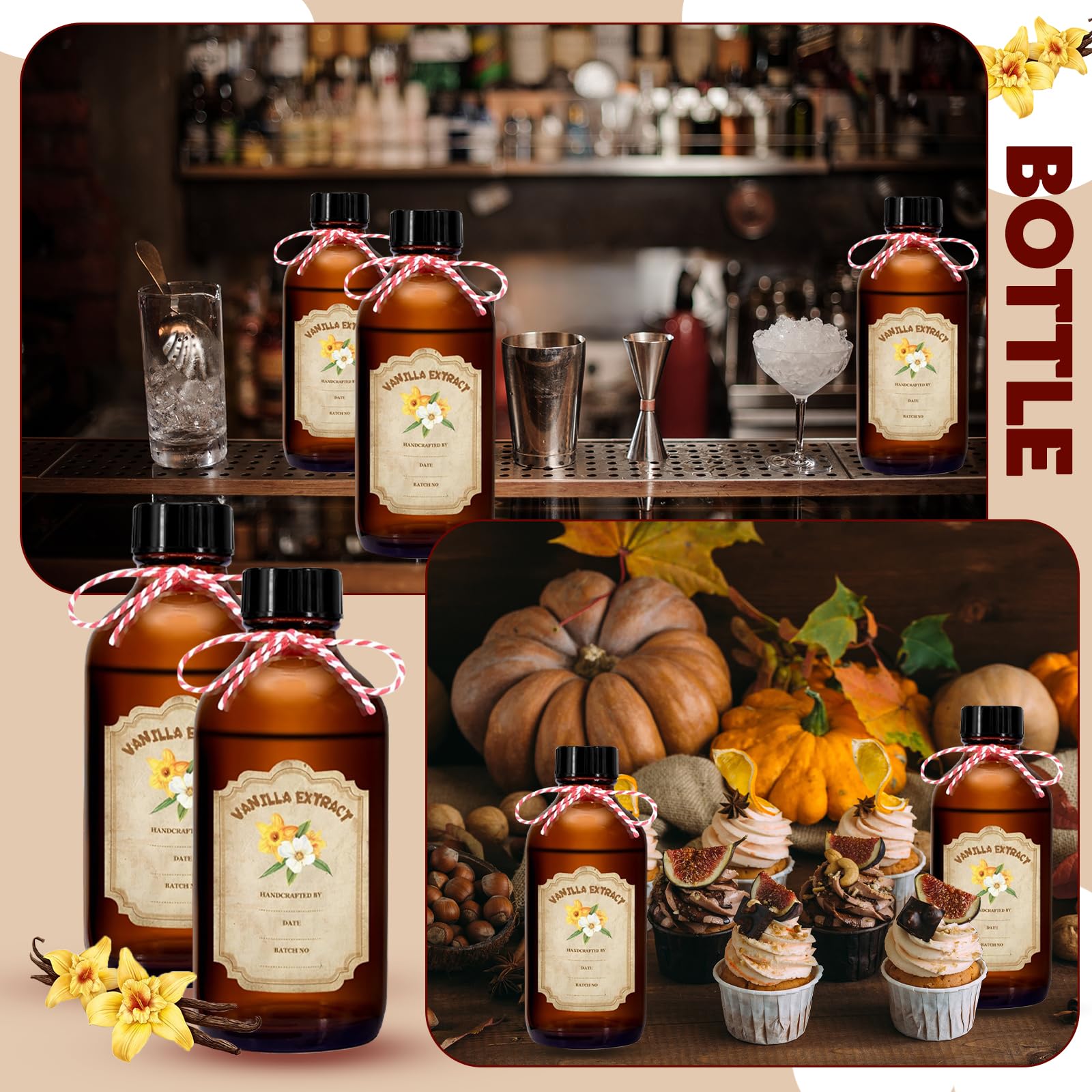 12 Pack 2 Ounce Amber Glass Bottle with Lids Vanilla Extract Homemade Brown Bottle 2 oz and 12Pcs Vanilla Extract Stickers for Syrup Gift Glass