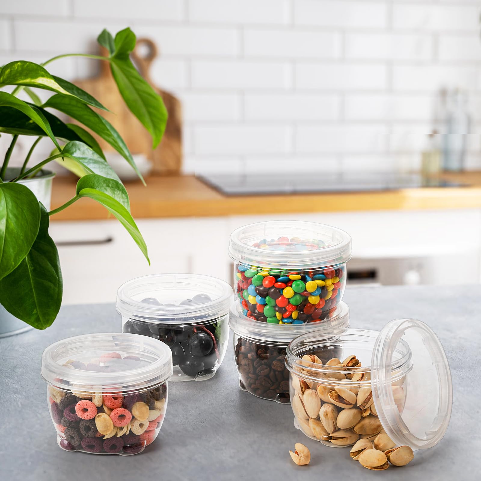 Pumtus 20 Pack Twist Top Food Deli Containers, 9 OZ Stackable Plastic Twist Cap Freezer Container with Screw on Lids, Clear Reusable Meal Prep Canister for Snack Leftovers Spices Salad Dressing