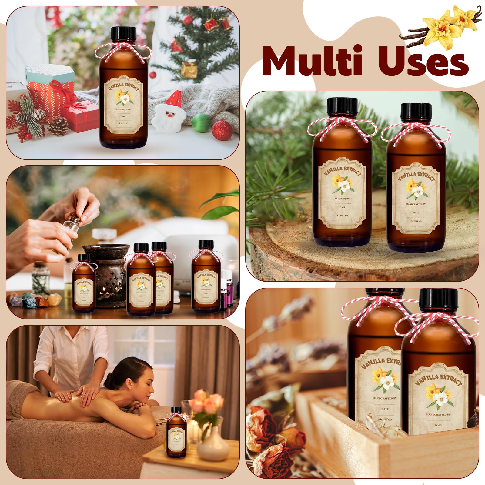 12 Pack 2 Ounce Amber Glass Bottle with Lids Vanilla Extract Homemade Brown Bottle 2 oz and 12Pcs Vanilla Extract Stickers for Syrup Gift Glass