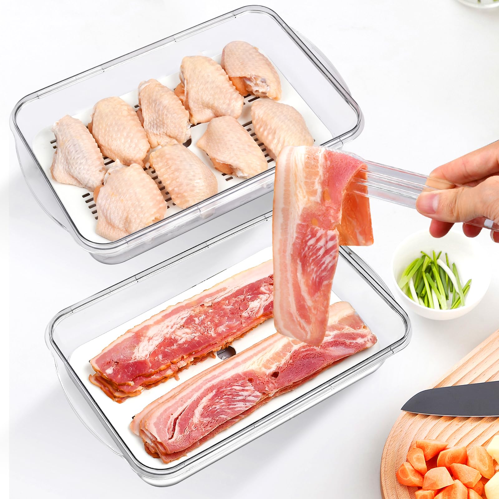 SULICRE 2PCS Bacon Container for Refrigerator, Airtight Thick Plastic Deli Meat Keeper with Lids for Fridge, Kitchen Cold Cuts Food Storage Organizer, Bacon Holder Cheese Saver