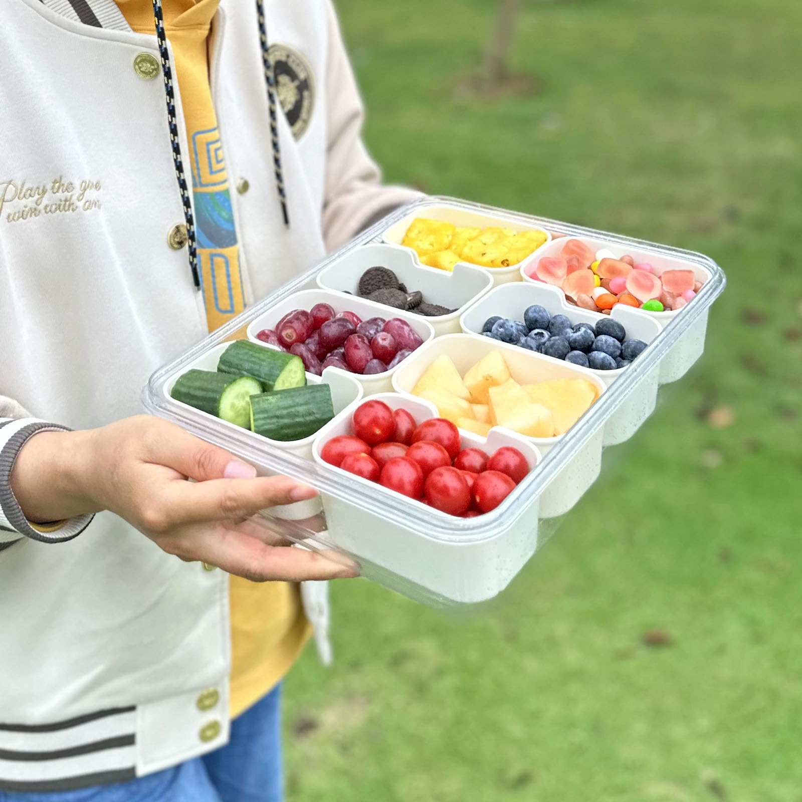 CHOUKEY Divided Snack Box with Lid and Handle, Snackle Box Container Storage Organizer for Fruit, Candy, Veggie, Nuts & Snacks