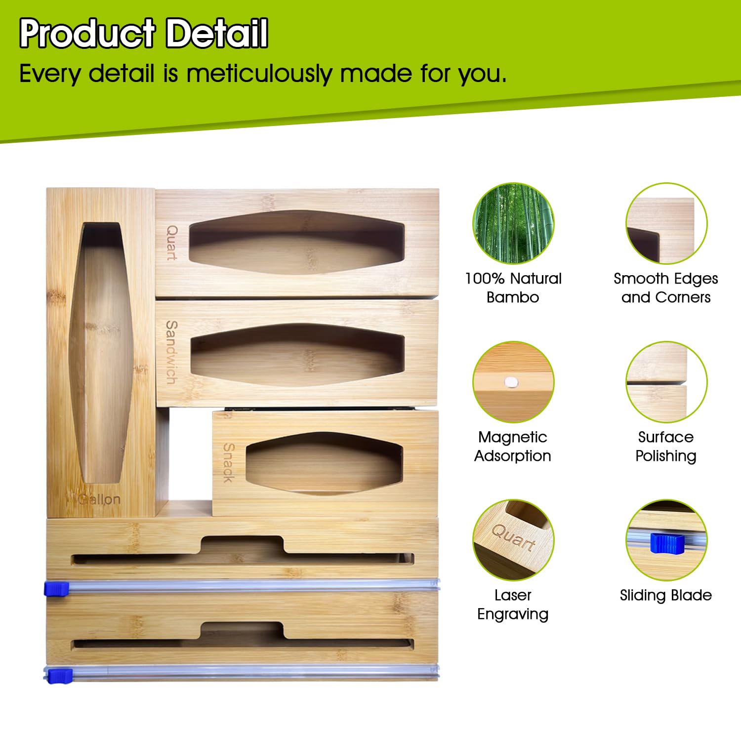 OTLS Storage Bag Organizer for Kitchen Drawer, 6 in 1 Foil and Plastic Wrap Organizer with Cutter, Bamboo Bag Organizer for Drawer with Separate Boxes for Gallon, Sandwich, Quart & Snack